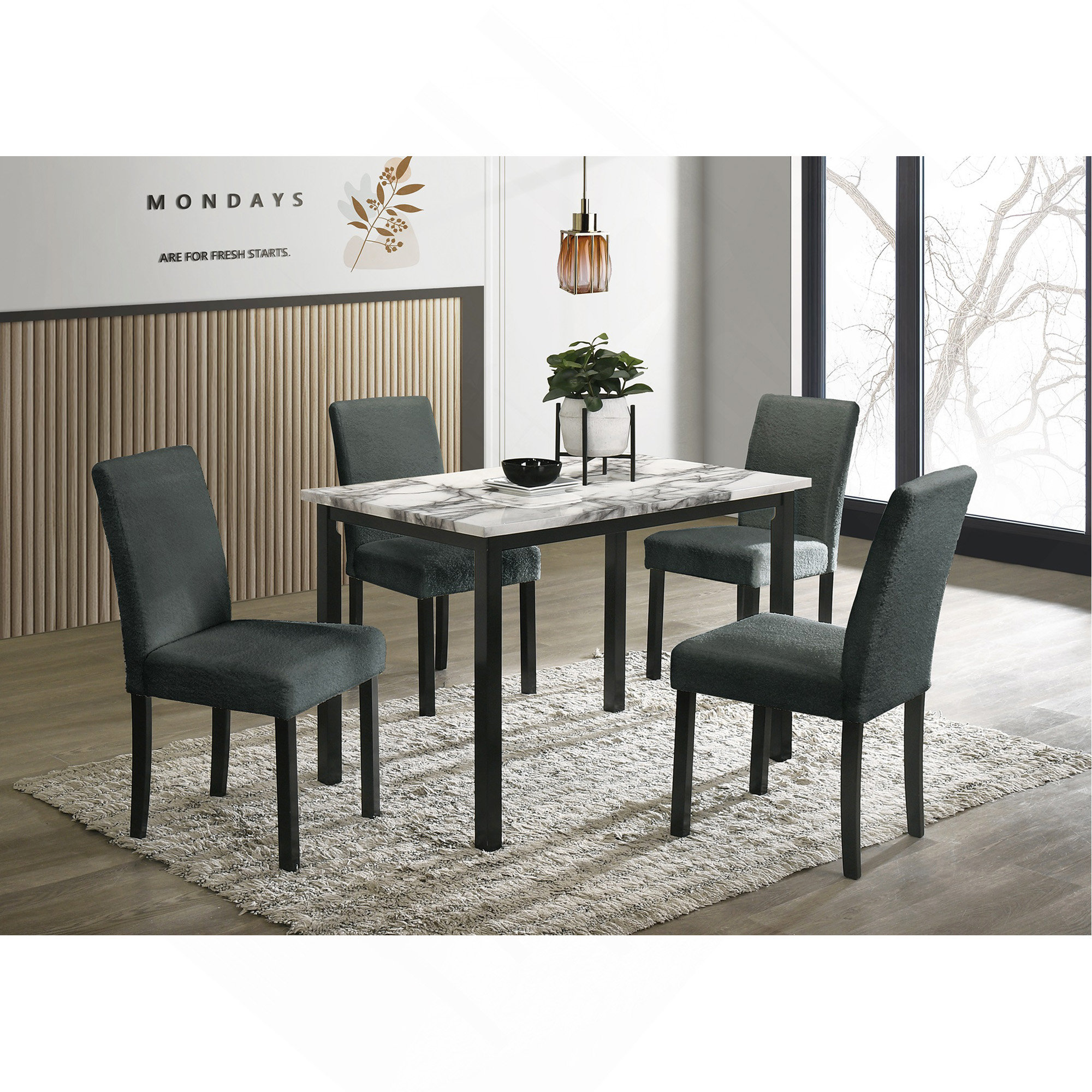Latitude Run® Wool Fabric Chairs Faux Marble Top Table 5Pc Dining Set Kitchen Dinette Cushions ...