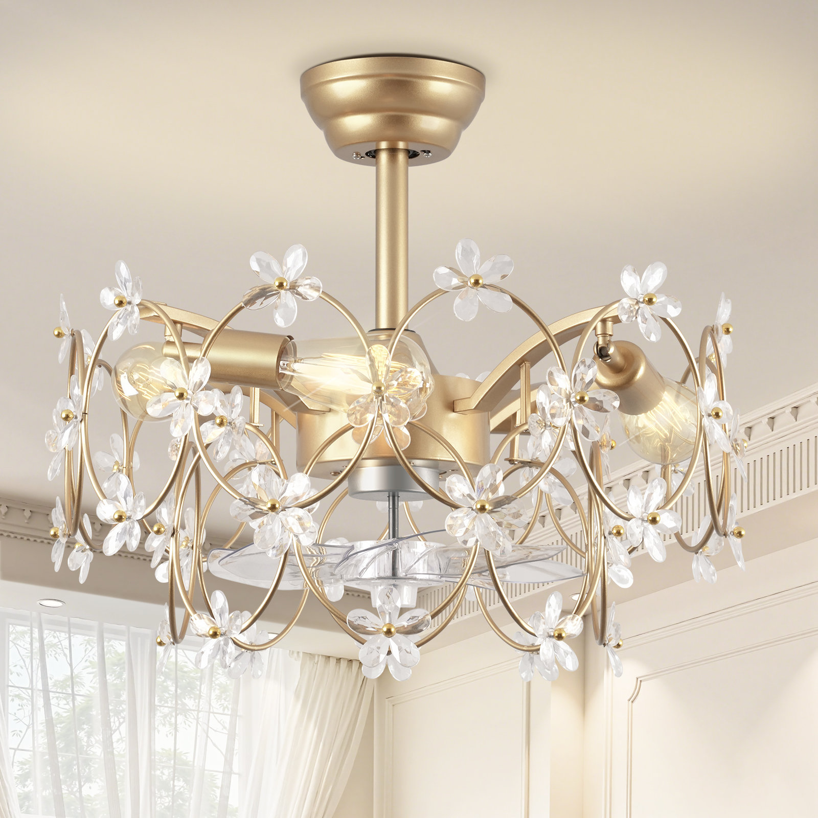 House of Hampton® 21 In. Indoor Golden Acrylic Flower Ceiling Fan With ...