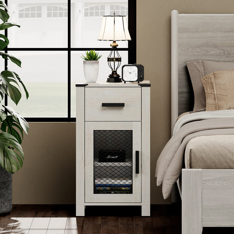 Gracie Oaks Farmhouse Nightstand With Drawer And Rustic Mesh Door ...