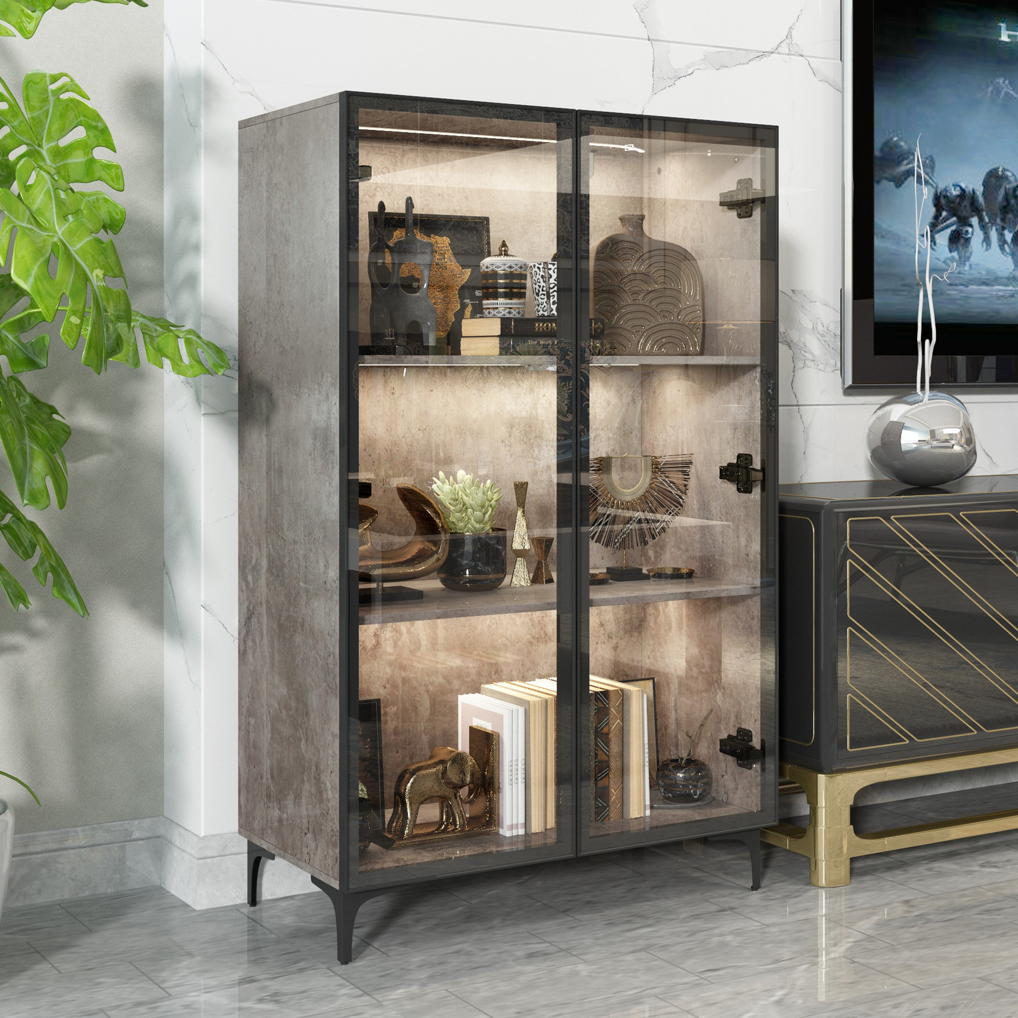 Lighted Glass Display Case 2m Museum Display Cases W/Storage 4 Tier