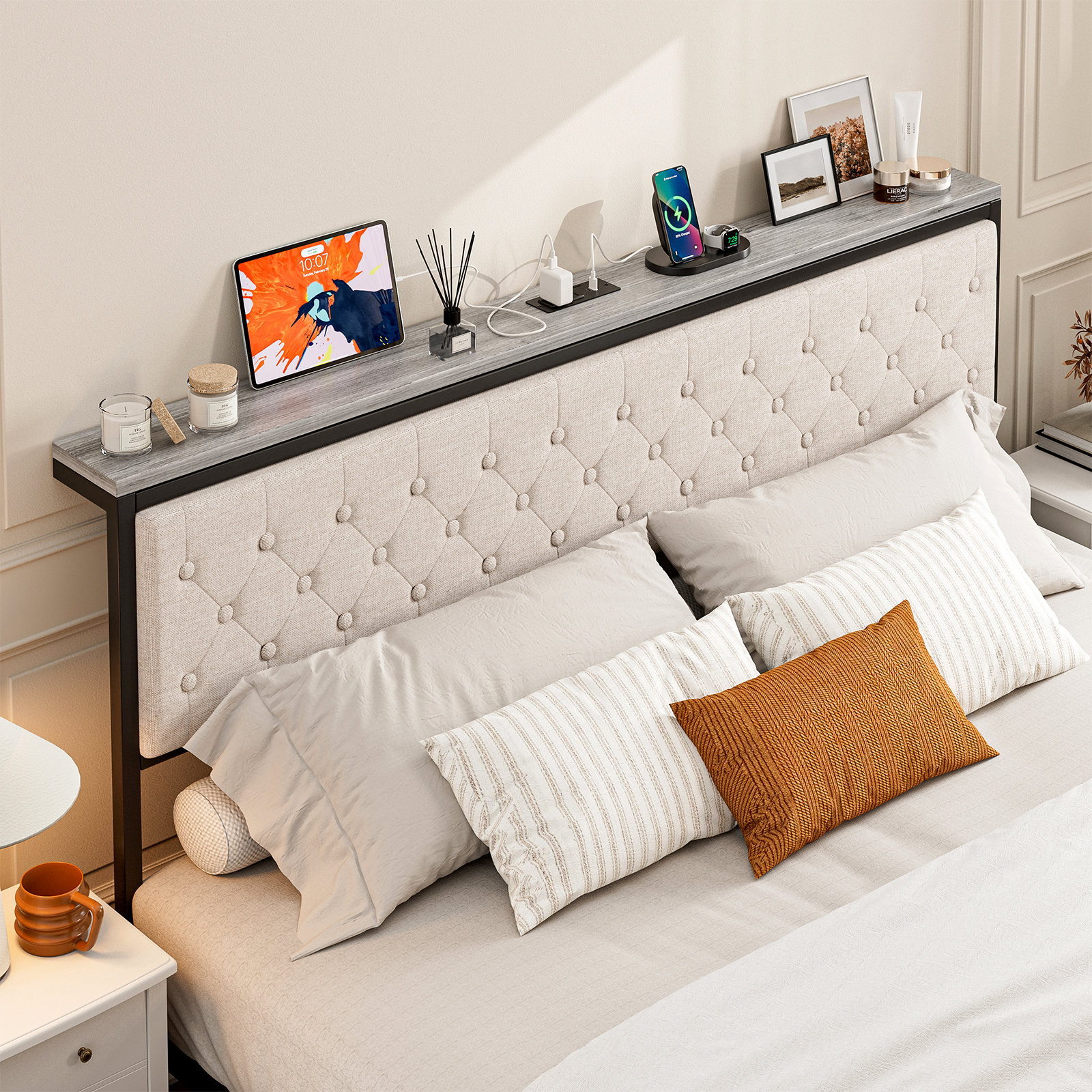 Winston Porter Headboard With Storage And Charging Station, Upholstered ...