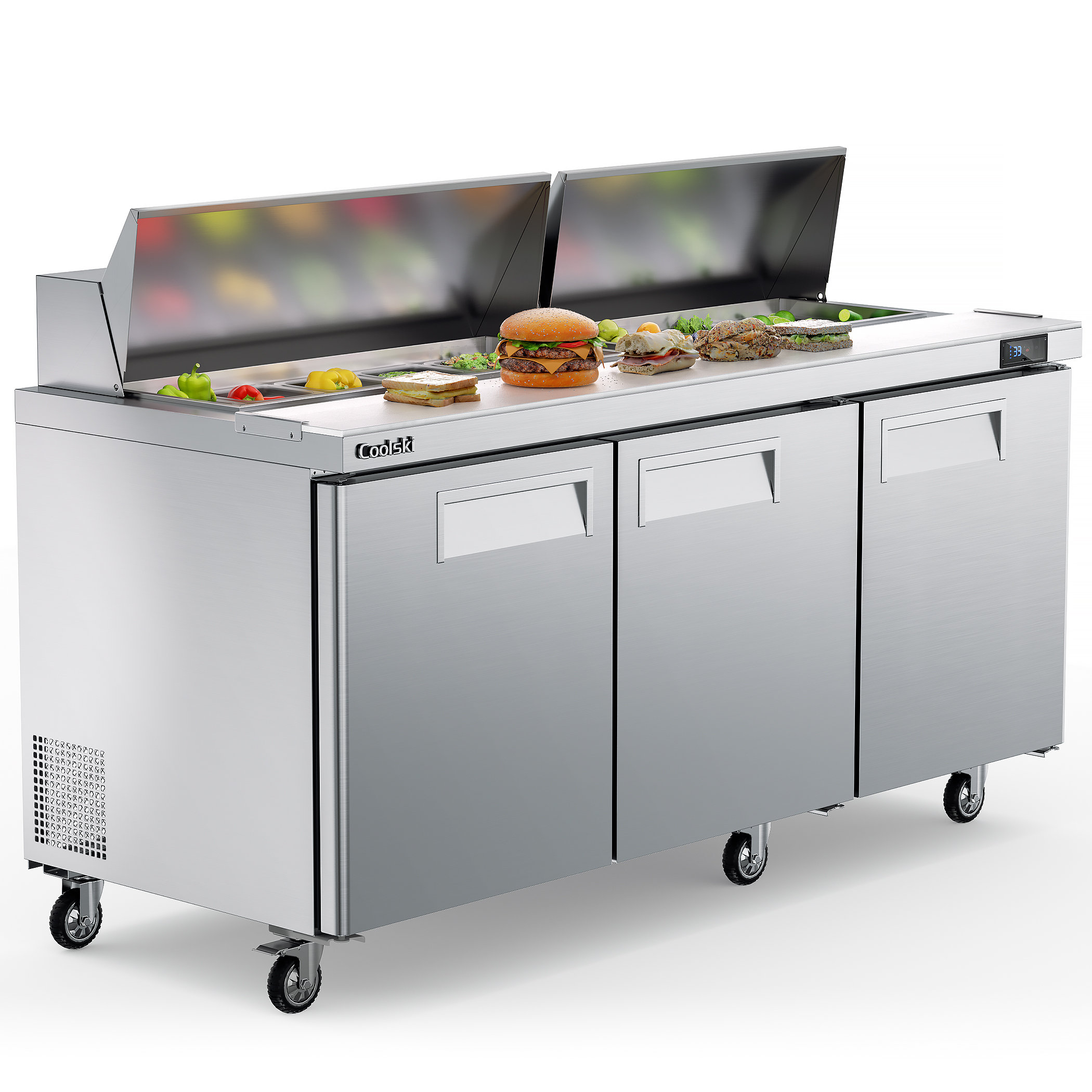 Coolski 72’’ W Commercial Refrigerator 3 Door Salad/pizza/sandwich Prep ...