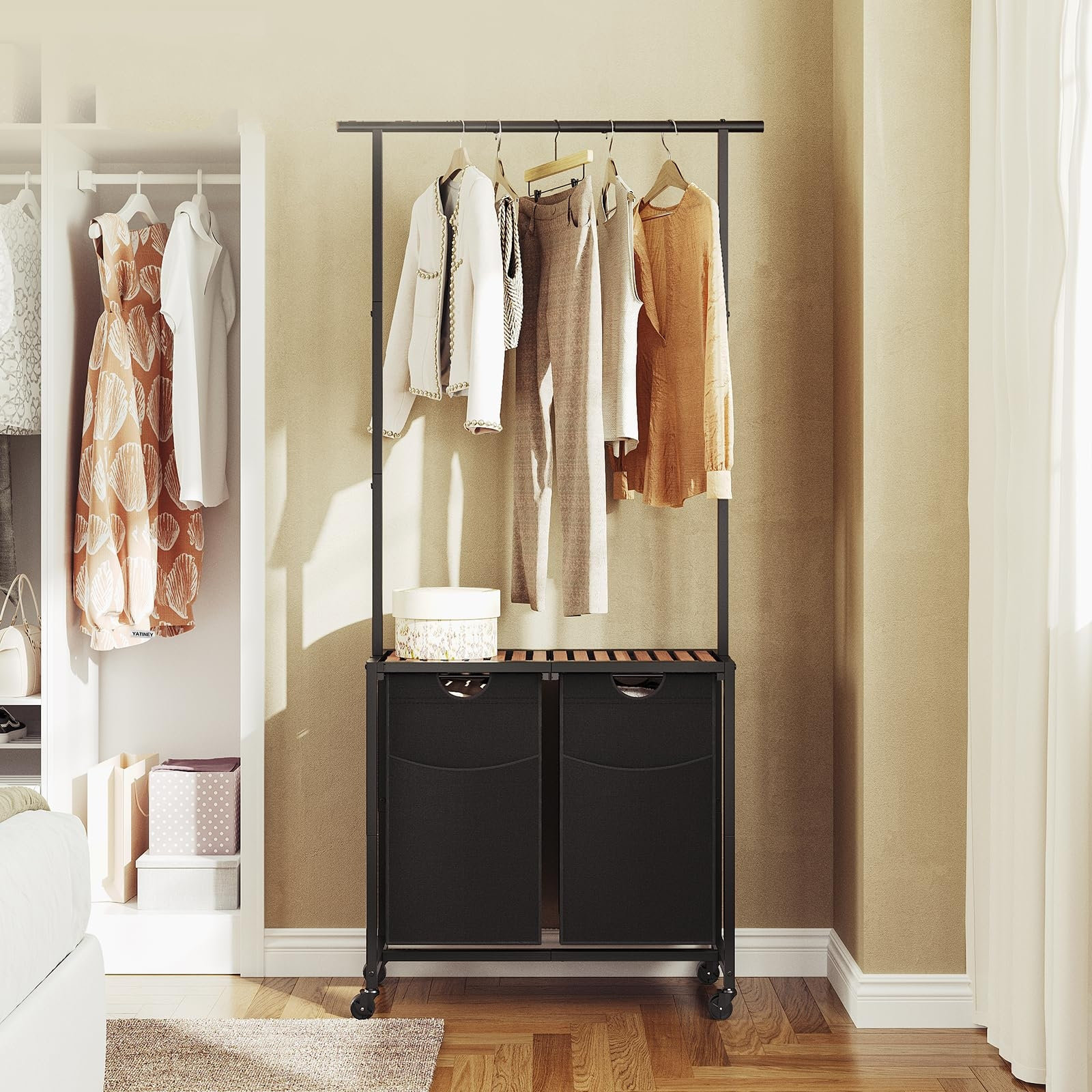 BTERAZ Laundry Sorter With Hanging Bar, Laundry Hamper With Hanging ...