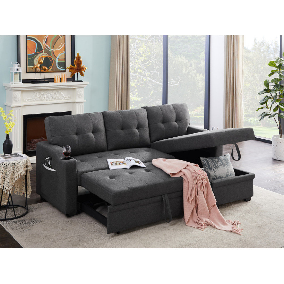 Ebern Designs Tyron Modern Sofa Mabel 83" Linen Fabric Sleeper ...