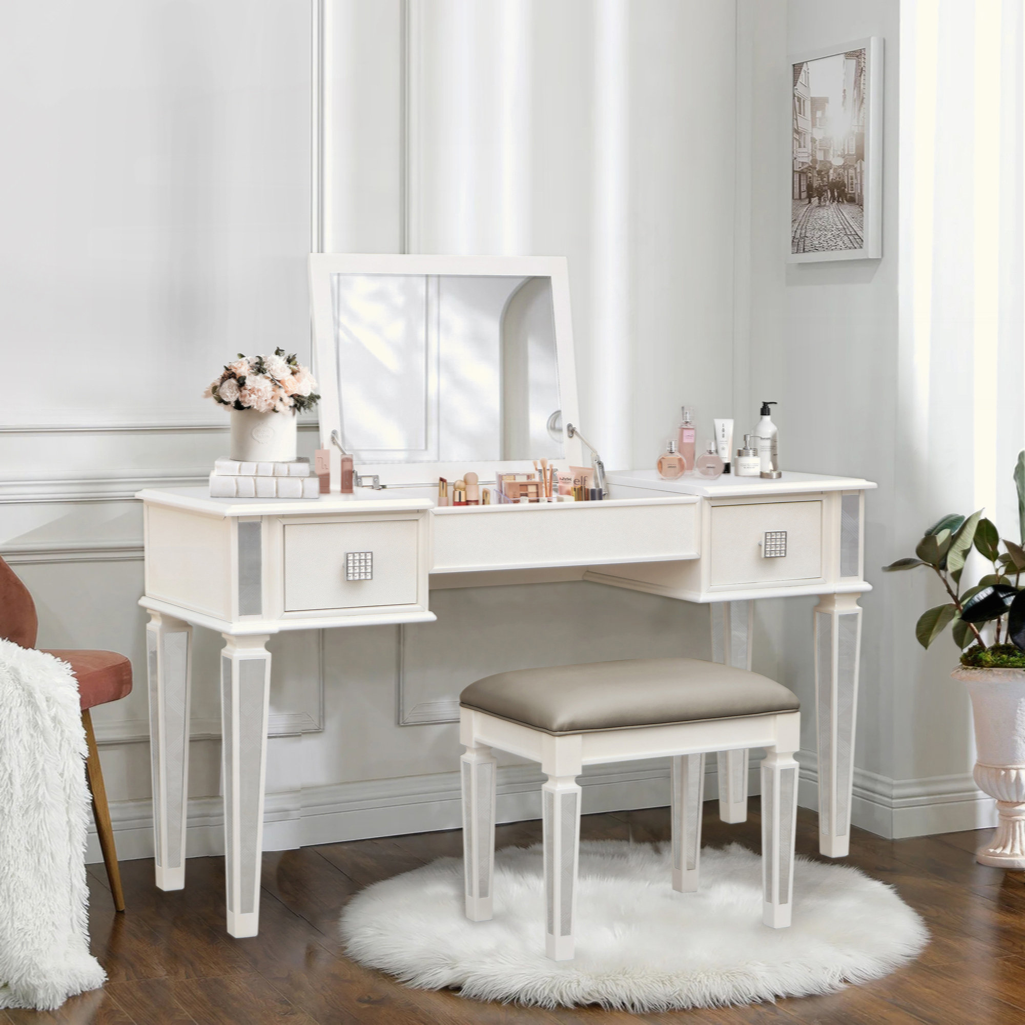 George Oliver Mirrored Vanities Desk With Drawers, Bedroom Makeup ...