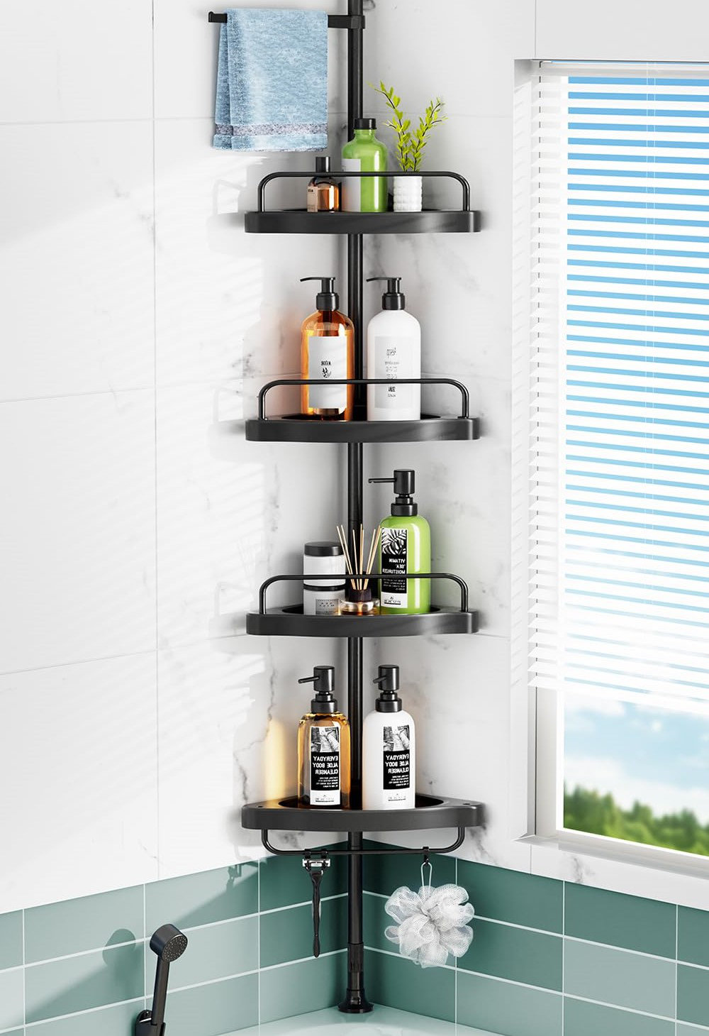Rebrilliant Corner Shower Caddy Tension Pole 4 Tier, Shower Storage ...