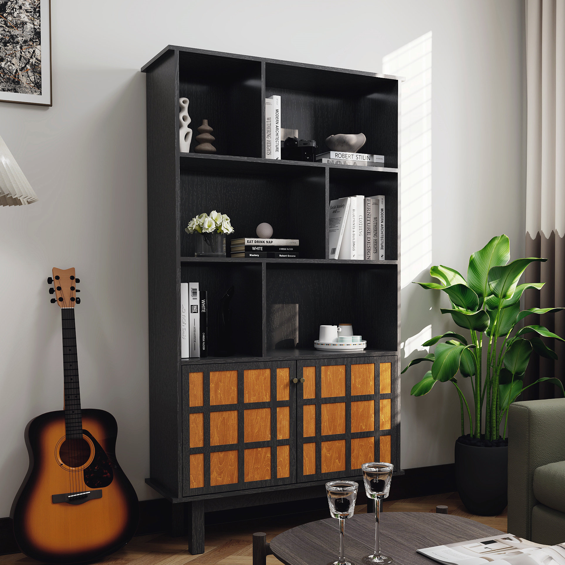 George Oliver Bookcase with Cabinet, Bookshelf with Doors, Black&Honey ...