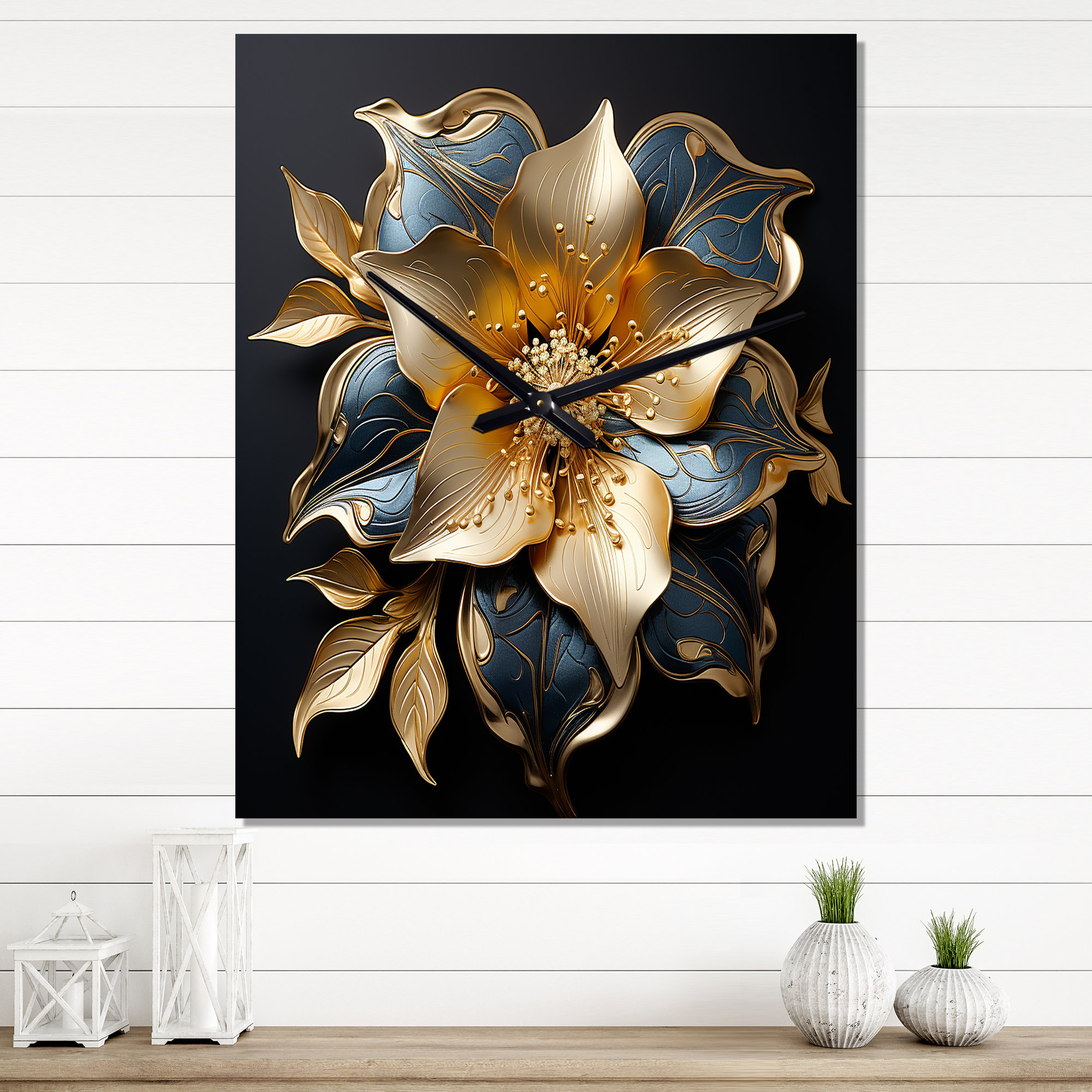 Design Art Golden Lily Flower Glam On Black - Lily Wall Clock Oversized ...