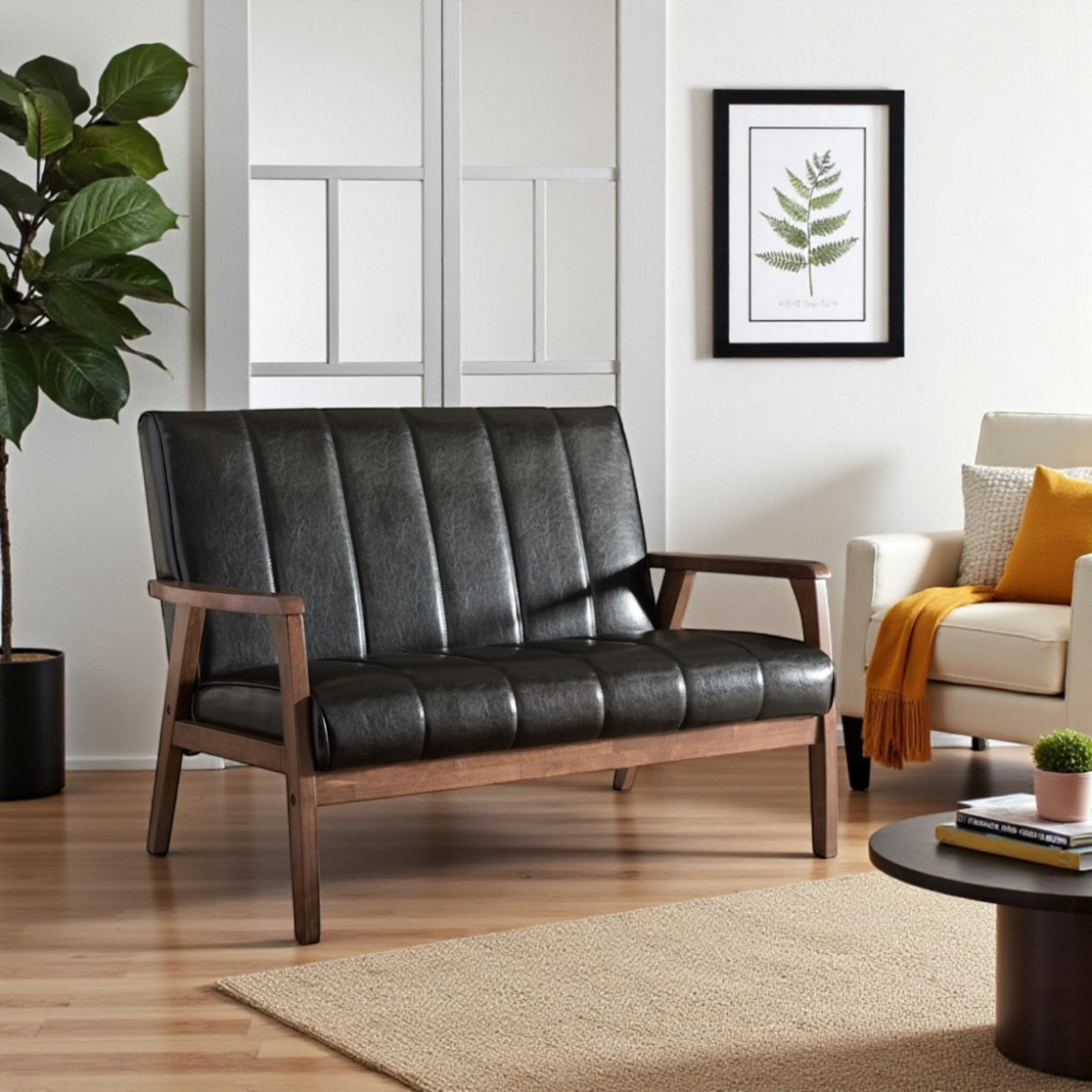 George Oliver Daventry Faux Leather Wooden 2-Seater Loveseat in Mid ...