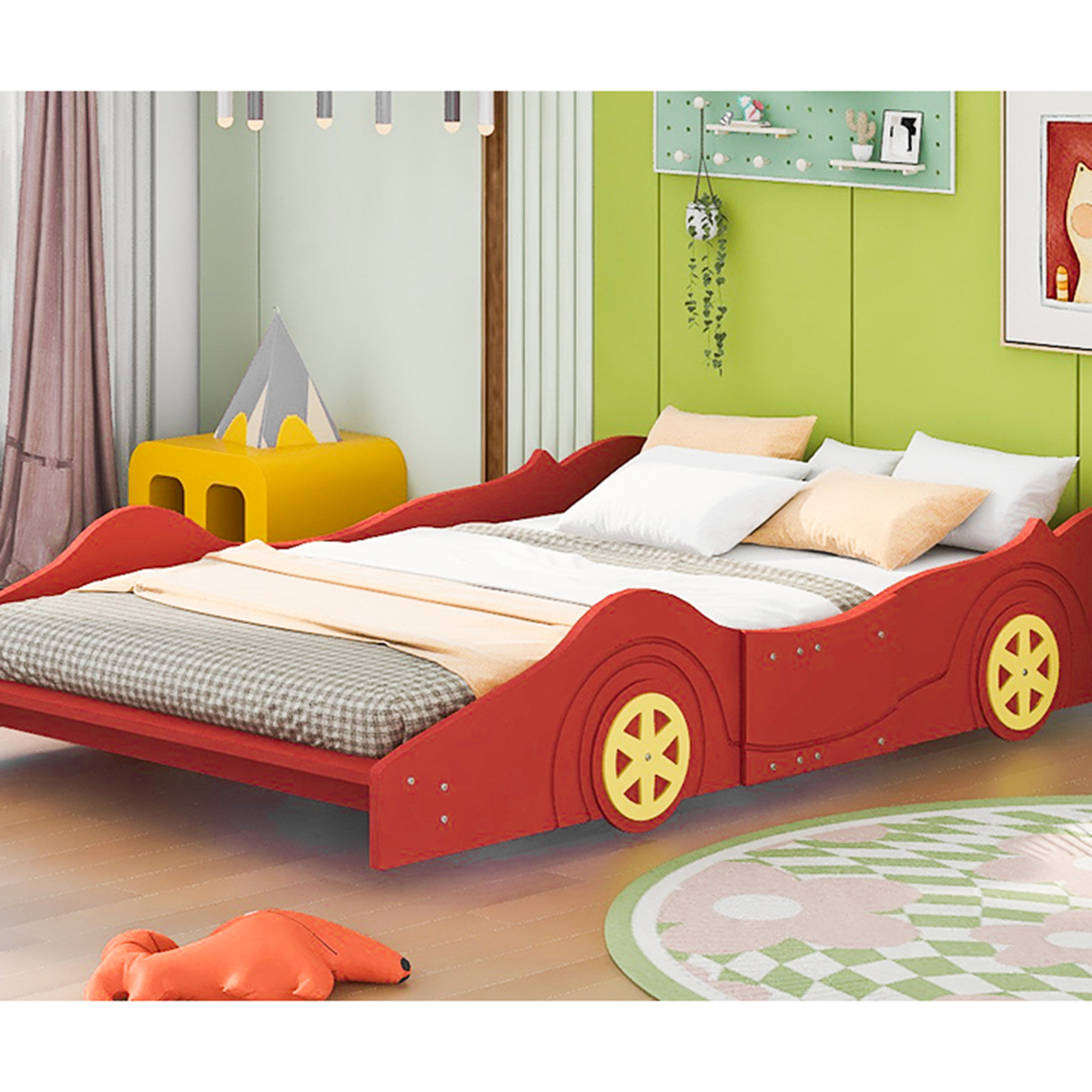 Bungalow Rose Full-Size Race Car-Inspired Platform Bed with Rolling ...