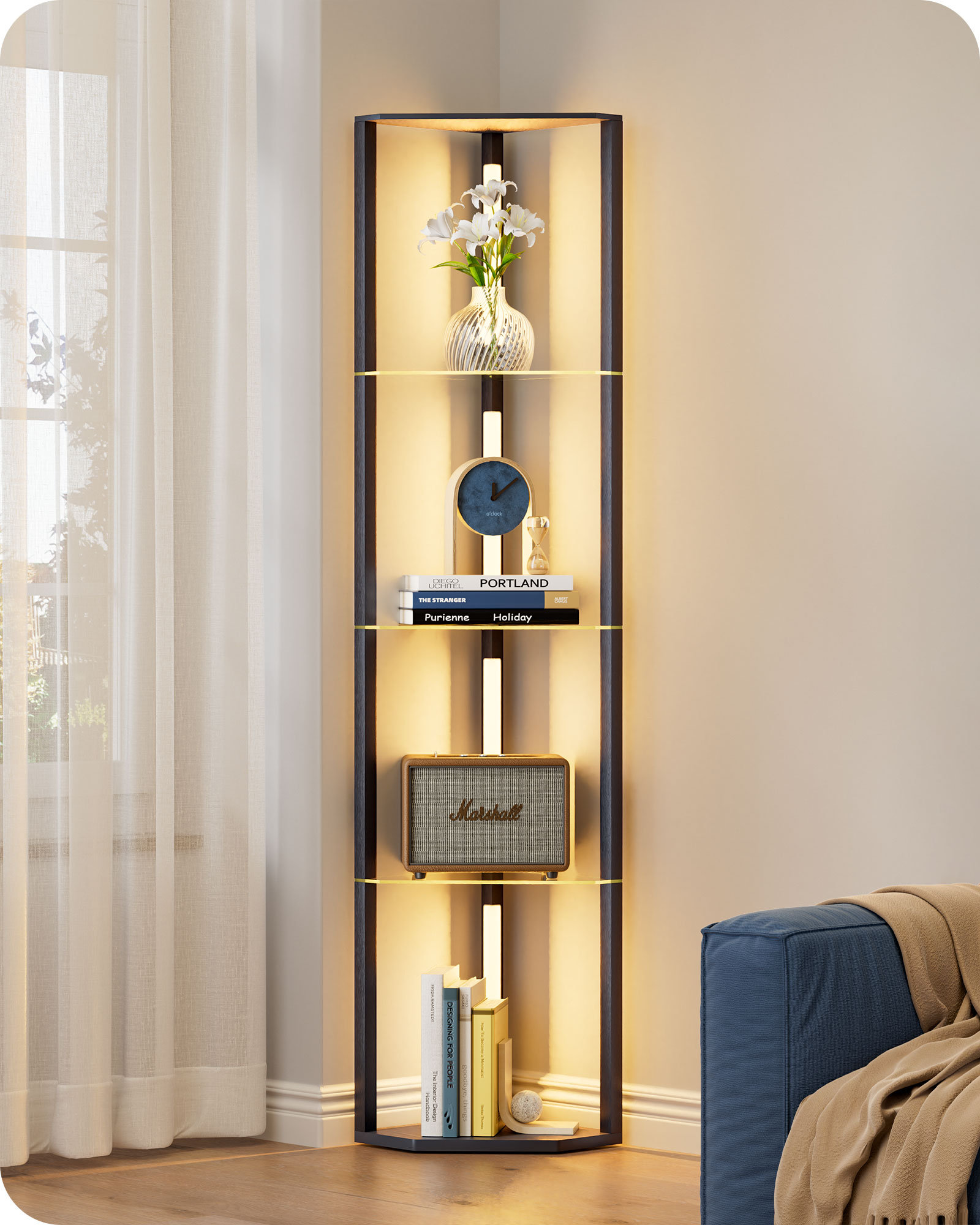 Metro Lane 163Cm Led Corner Floor Lamps With Glass Shelves, 4 Layers ...