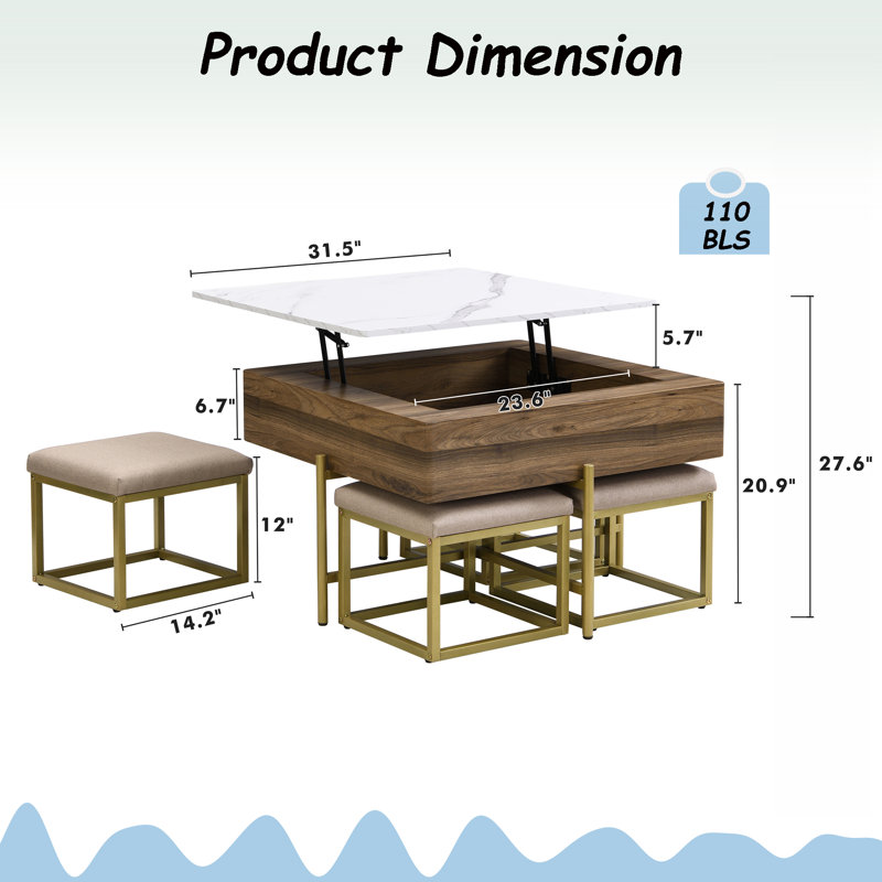 Mercer41 Square Lift-Top Coffee Table Set with Storage and 4 Ottomans ...