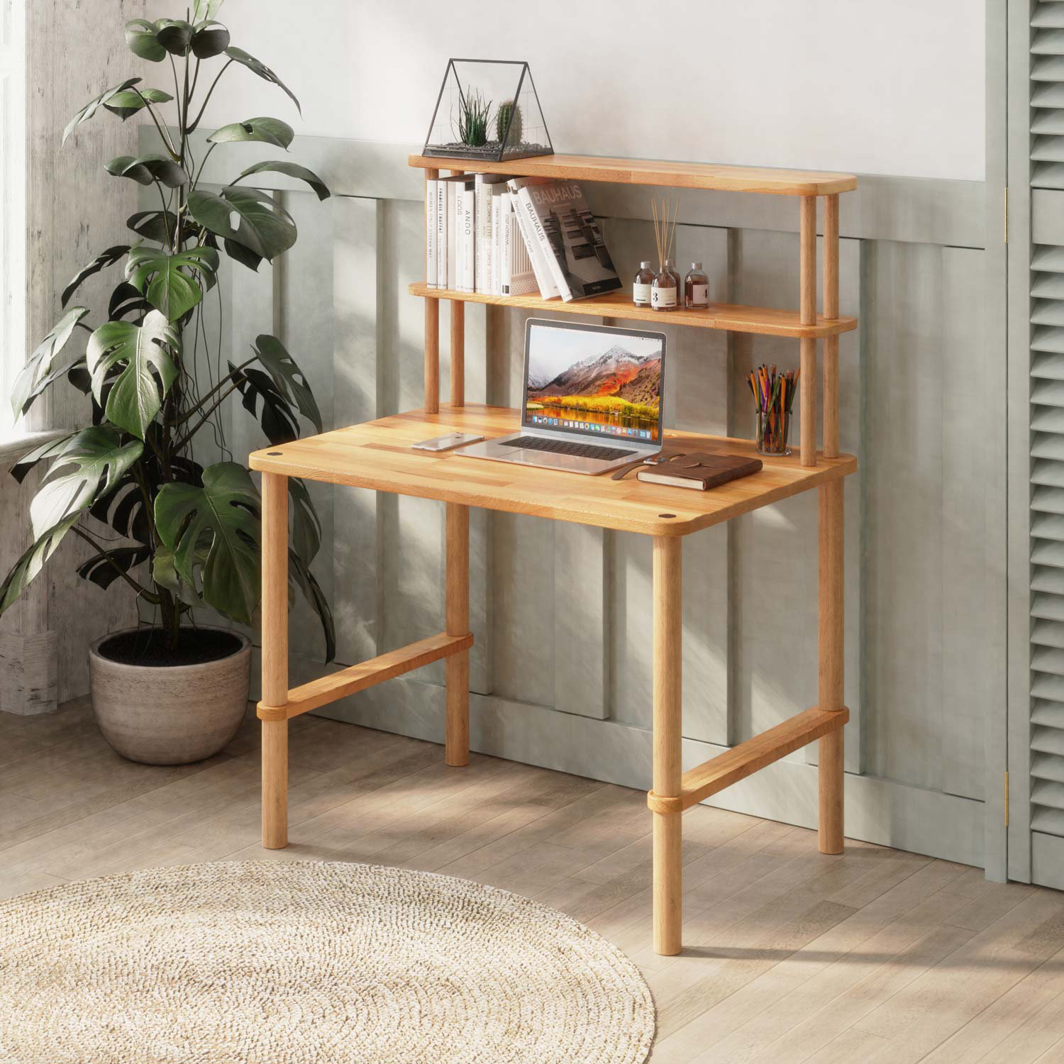 Loon Peak® Dubree Minimalist Computer Desk With Shelves, Solid Beech ...