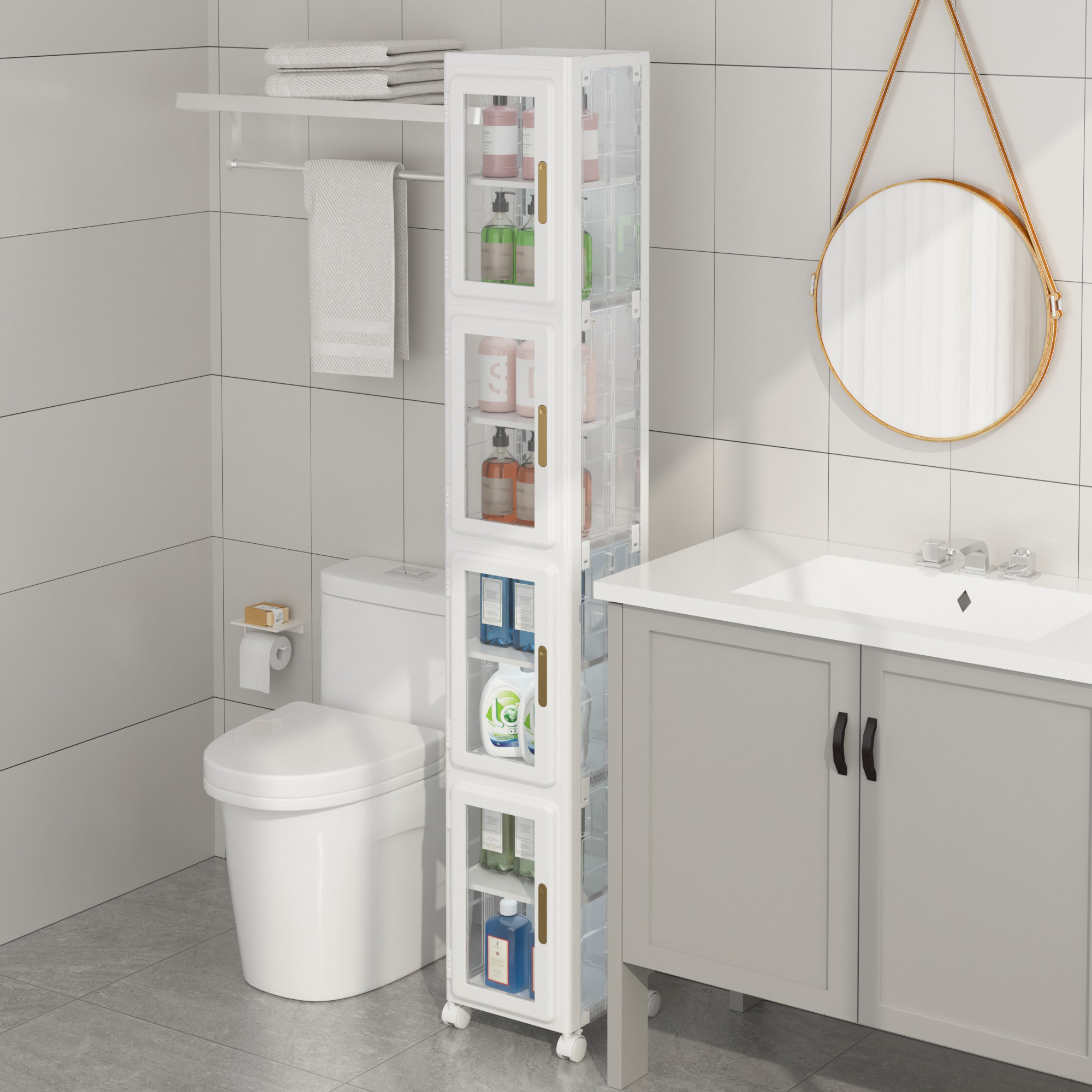 Rebrilliant 4 Tier Slim Bathroom Storage Cabinet Movable Wheels, Tall ...