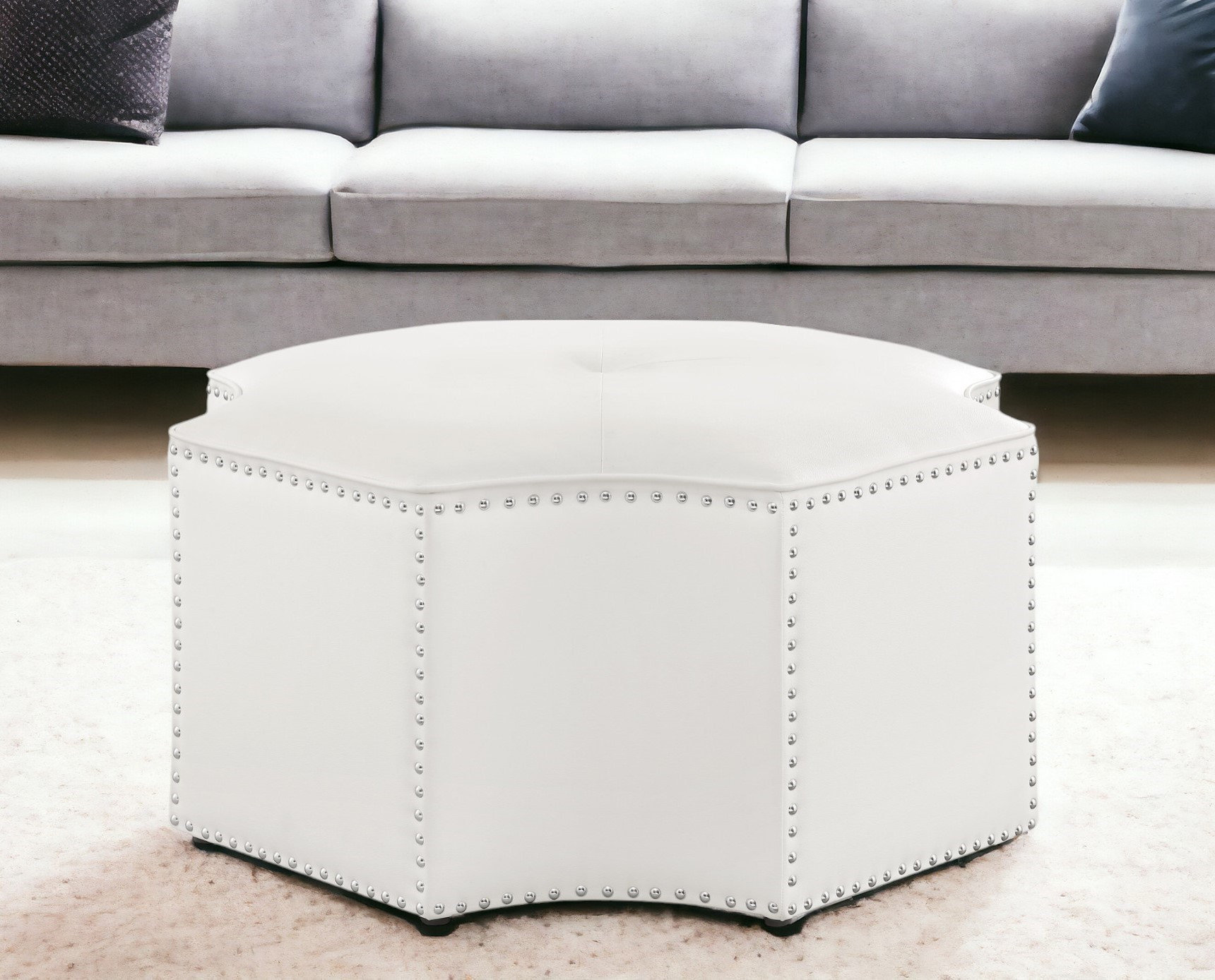 HomeRoots 33" White Faux Leather Tufted Octagonal Cocktail Ottoman ...