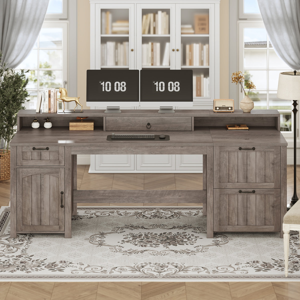 Gracie Oaks Farmhouse 63" Executive Desk, Wood Computer Desk With ...