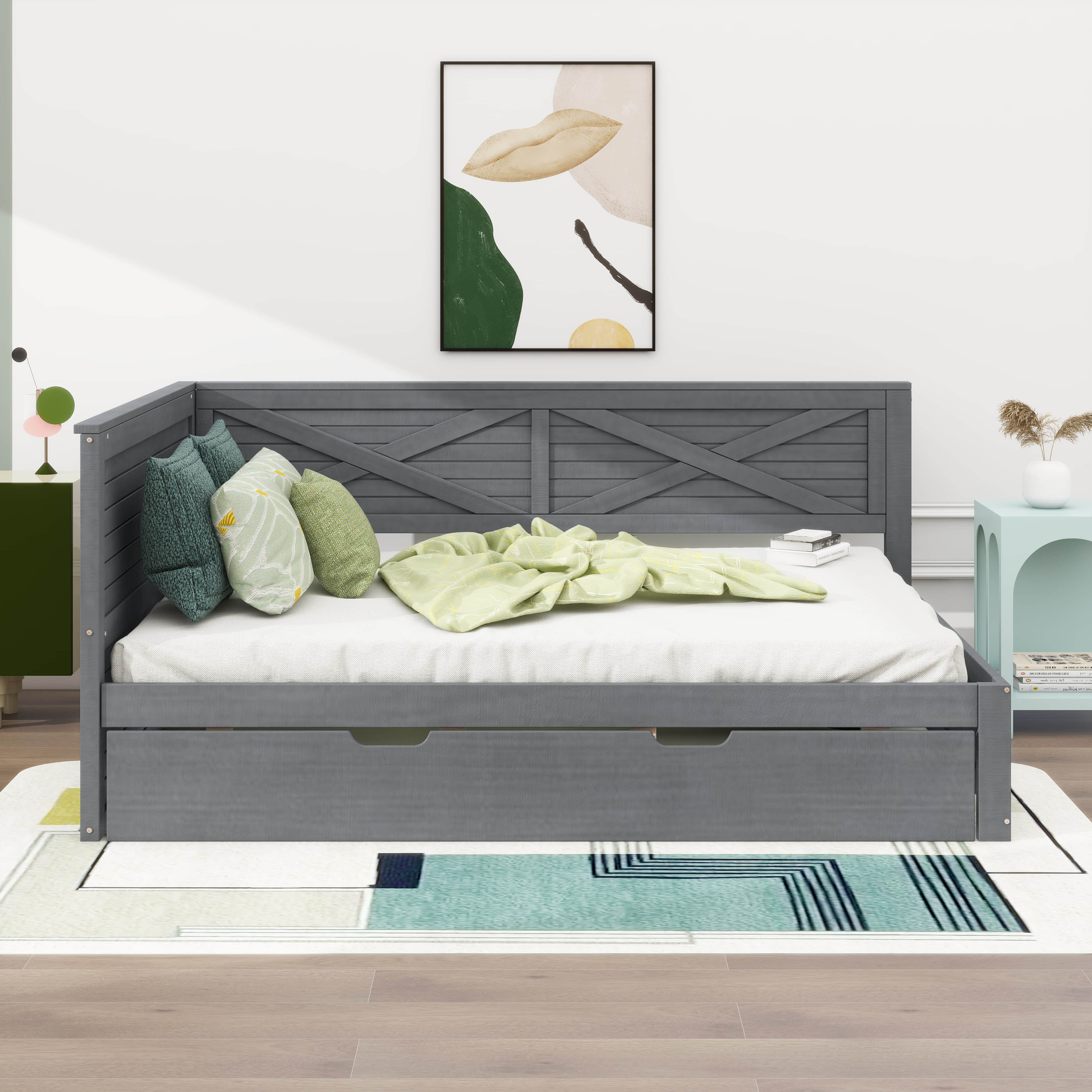 Gracie Oaks A Twin-Sized Wooden Daybed, Complete With A Trundle Bed And ...