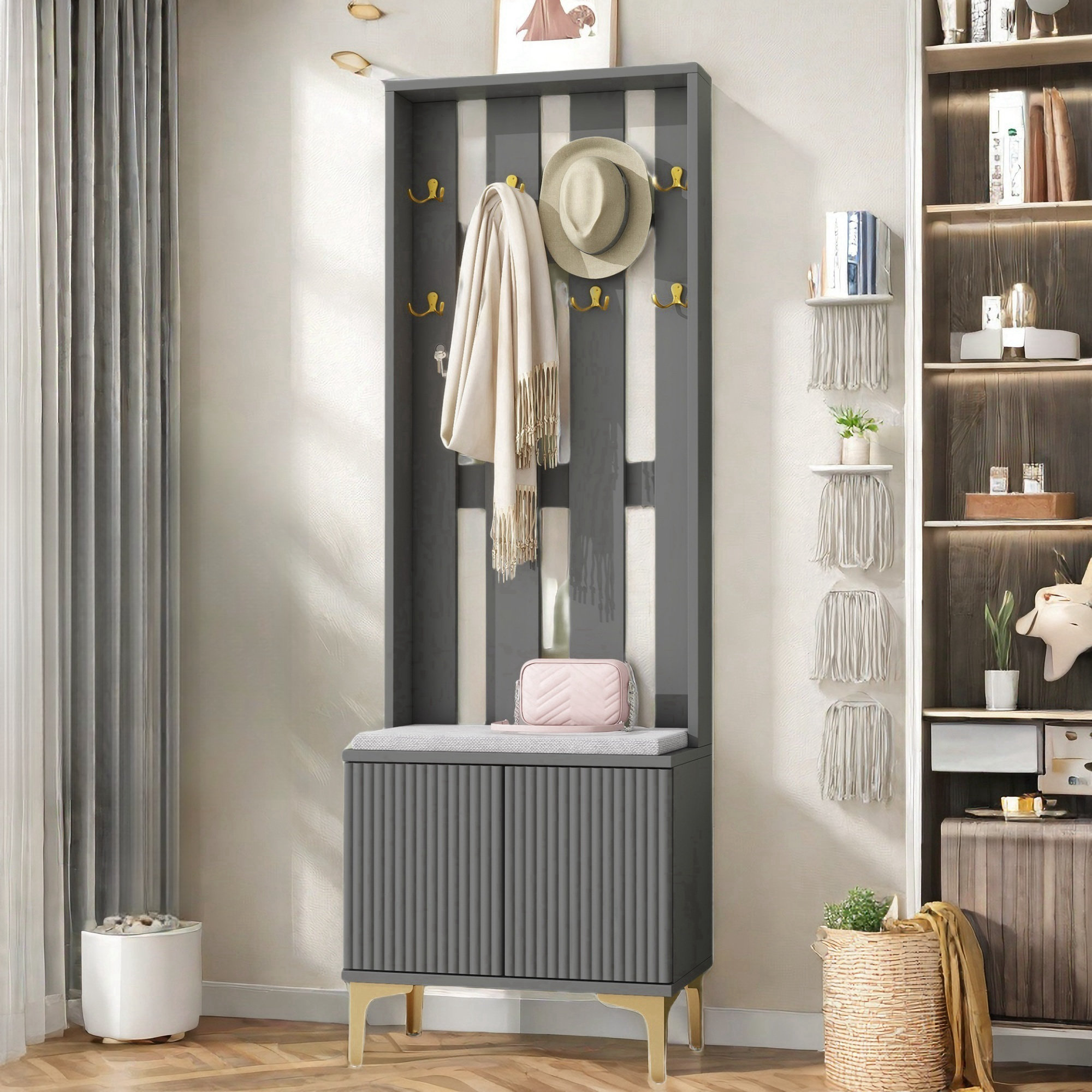 Mercer41 Nora Hall Tree With Cushion, Versatile Coat Rack With 8 Gold ...