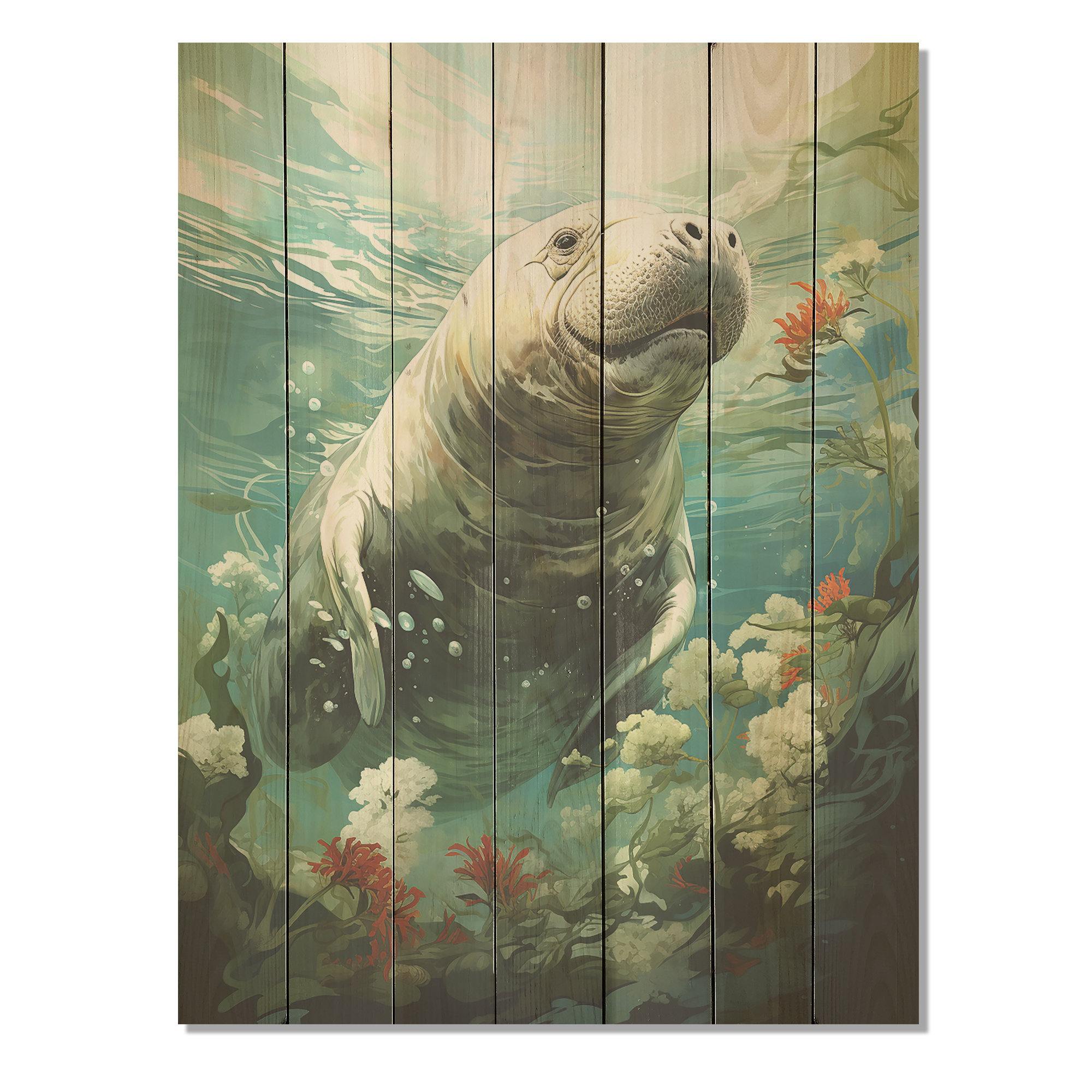 Highland Dunes Green Manatee Grace I - Coastal Animal On Wood Print ...