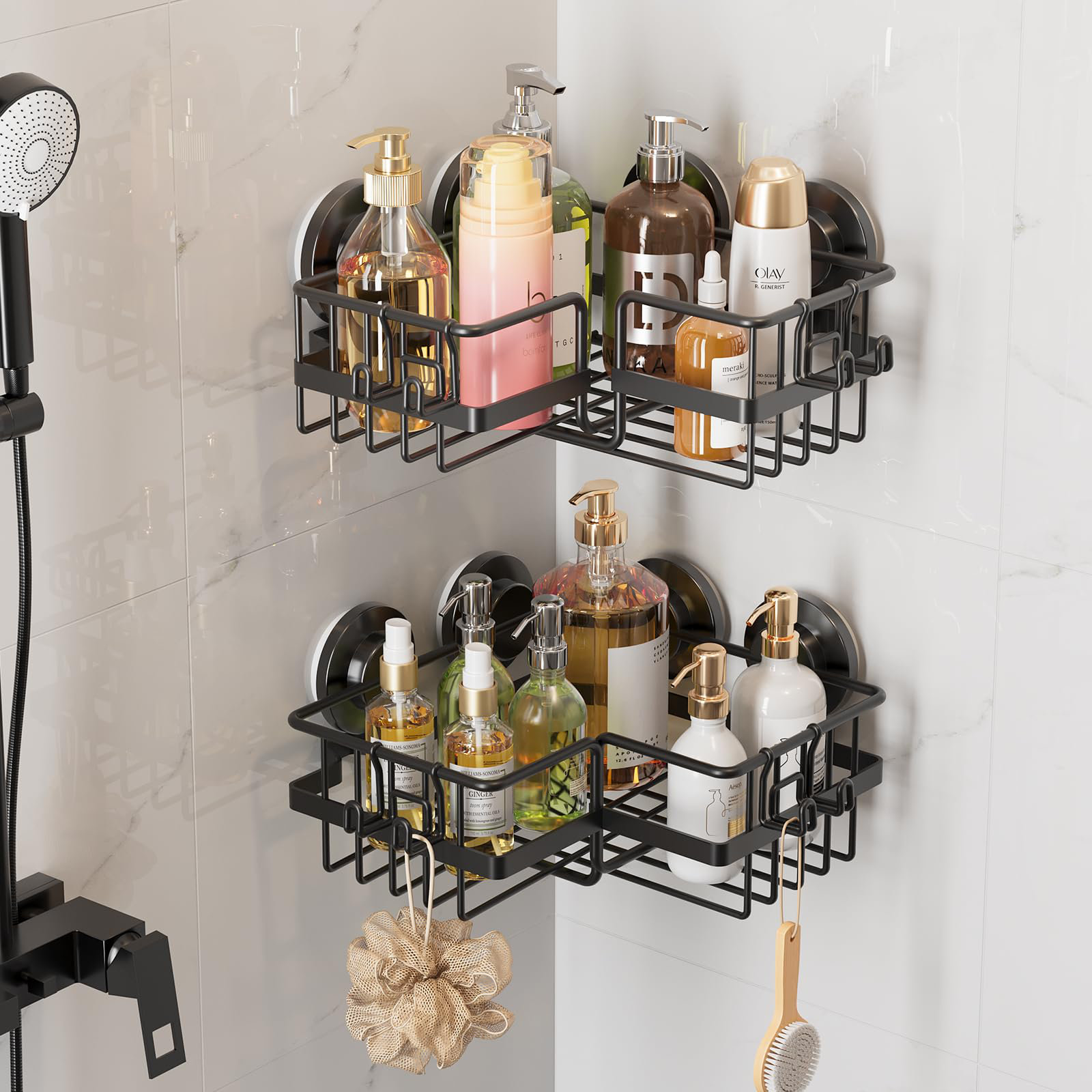 Rebrilliant Angle-Adaptive Suction Cup Shower Caddy With Hooks, Heavy ...