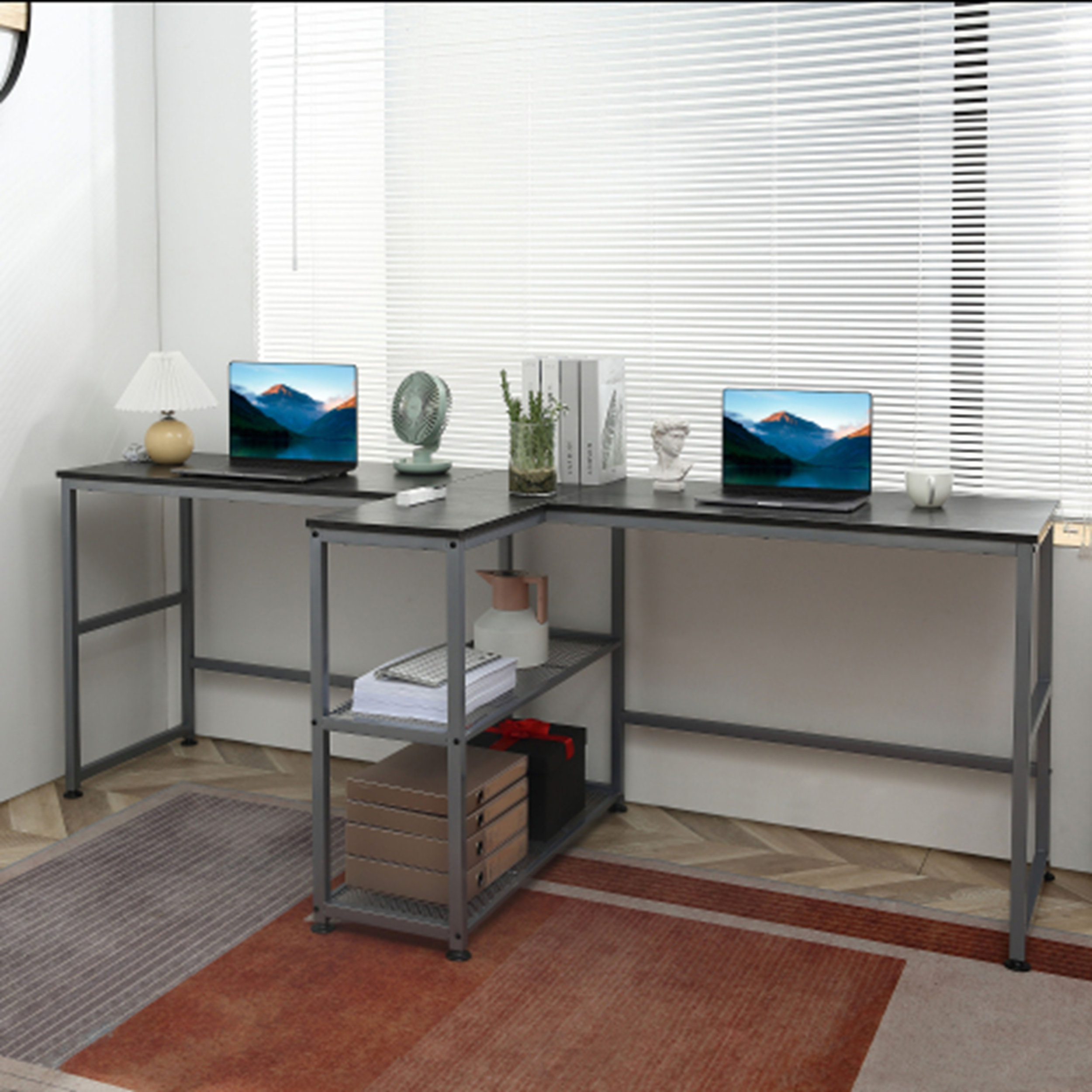 Inbox Zero HOMCOM 83" Two Person Computer Desk with 2 Storage Shelves ...