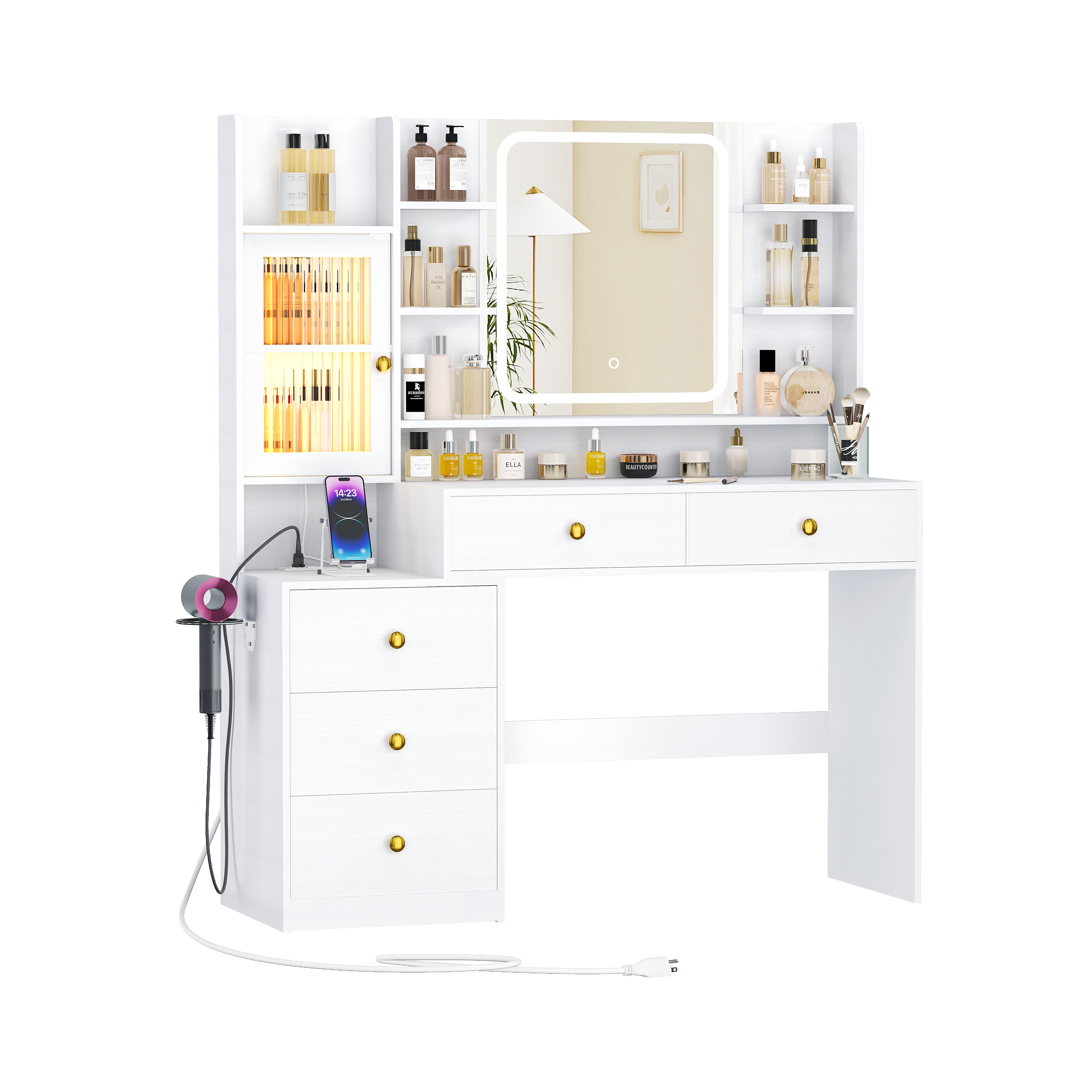Ivy Bronx Makeup Vanity Desk With Mirror And Led Light, Transparent ...