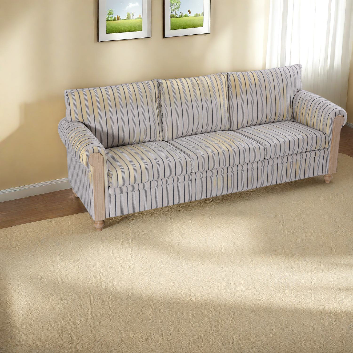 Highland Dunes Elegant Blue Striped 3-seater Sofas With Classic Roll ...