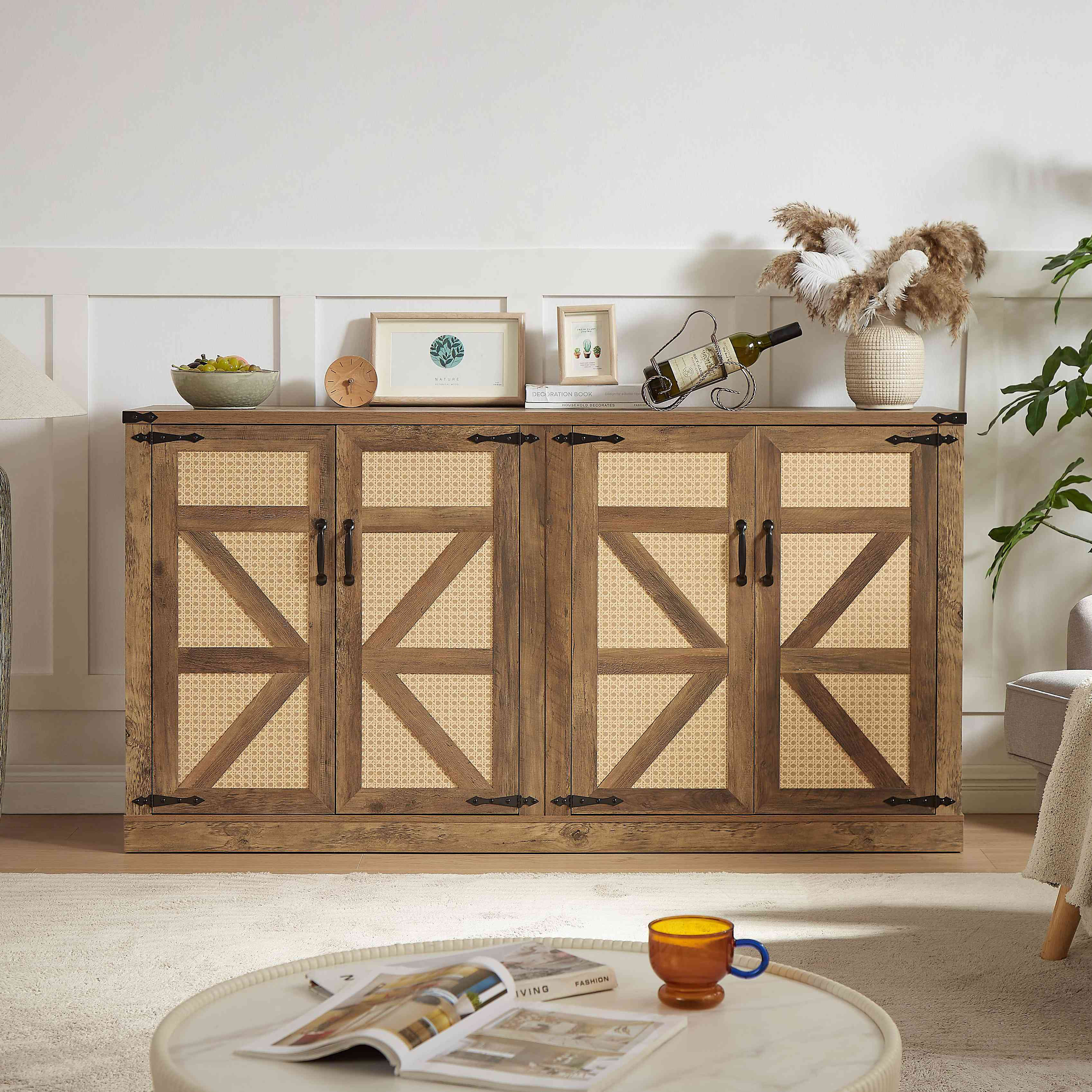Ophelia & Co. 65-Inch Faux Rattan Barn Door Sideboard Storage Cabinet ...