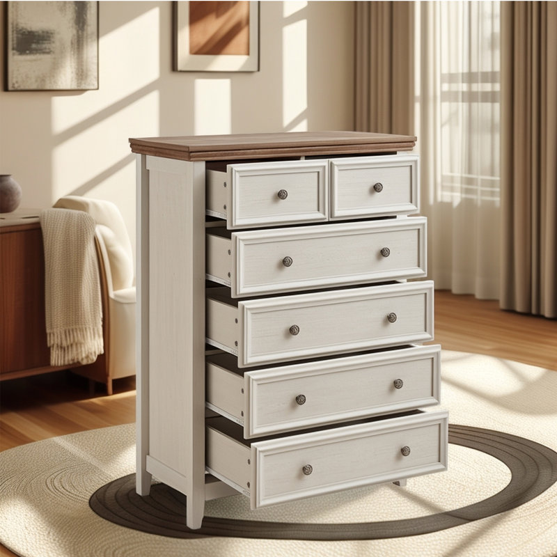August Grove® 6 Drawer Dresser In Distressed Beige, Vintage American ...