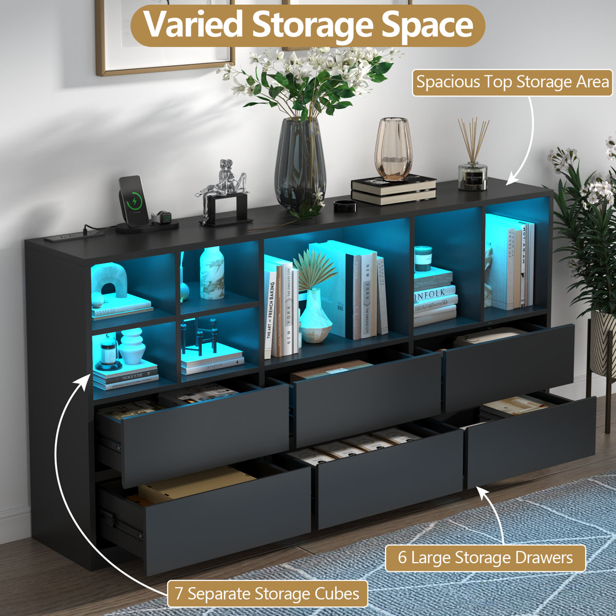 Wrought Studio™ 6 Drawers Dresser With 7 Storage Cubbies, LED Chest Of ...