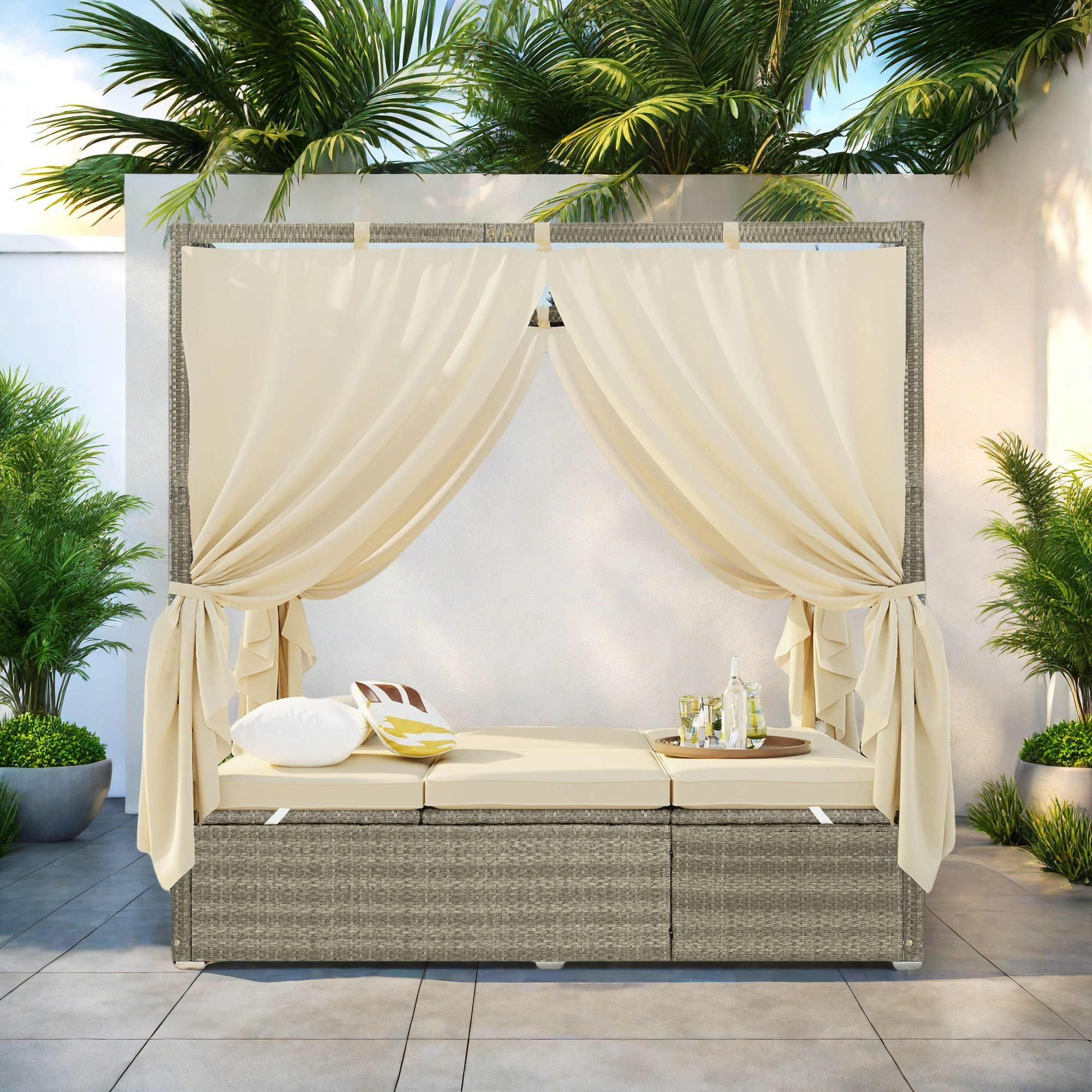 Latitude Run® Outdoor Sun Bed With Curtain And Adjustable Backrest ...