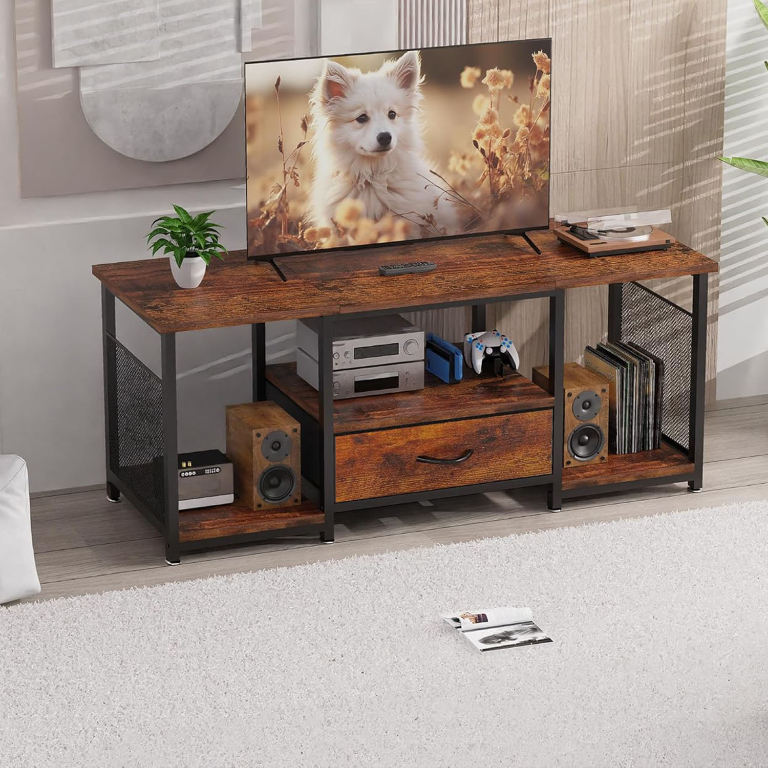 17 Stories Entertainment Center With Open Storage Shelves, Industrial ...