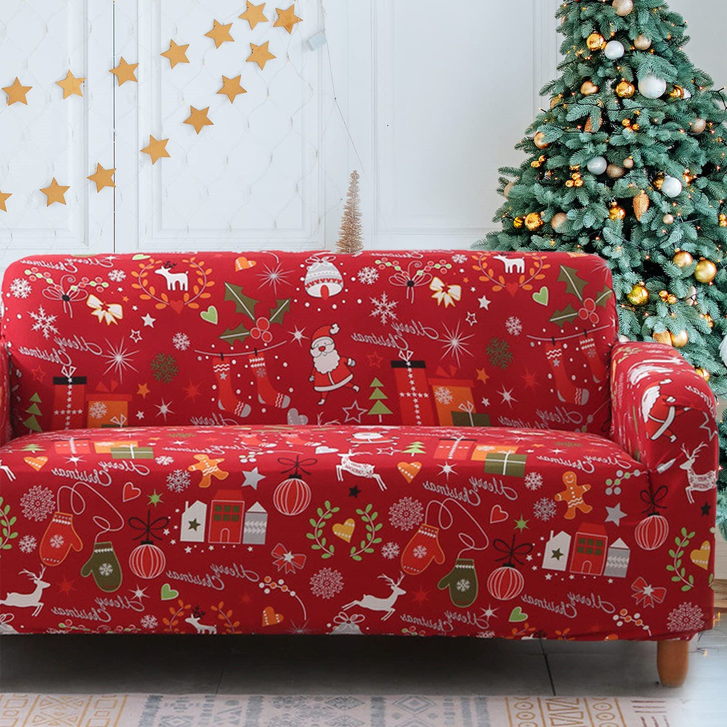 The Holiday Aisle® Christmas Printed Sofa Cover Santa Claus Elastic ...
