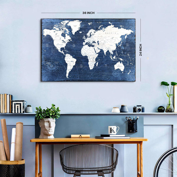 Red Barrel Studio Large World Map Wall Art Living Room Wall Decor Blue ...