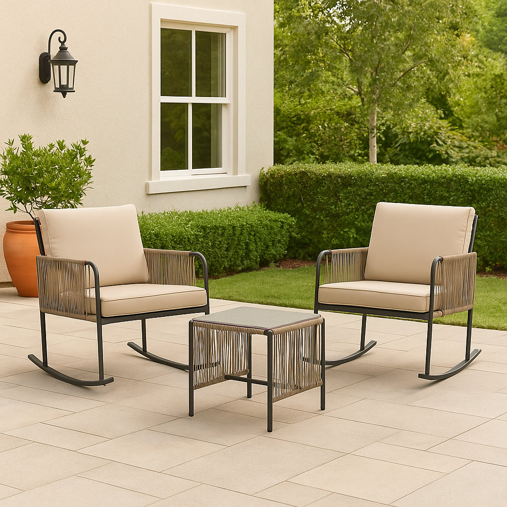 Latitude Run® Beige 3-Piece Outdoor Rocking Chair Conversation Set with ...