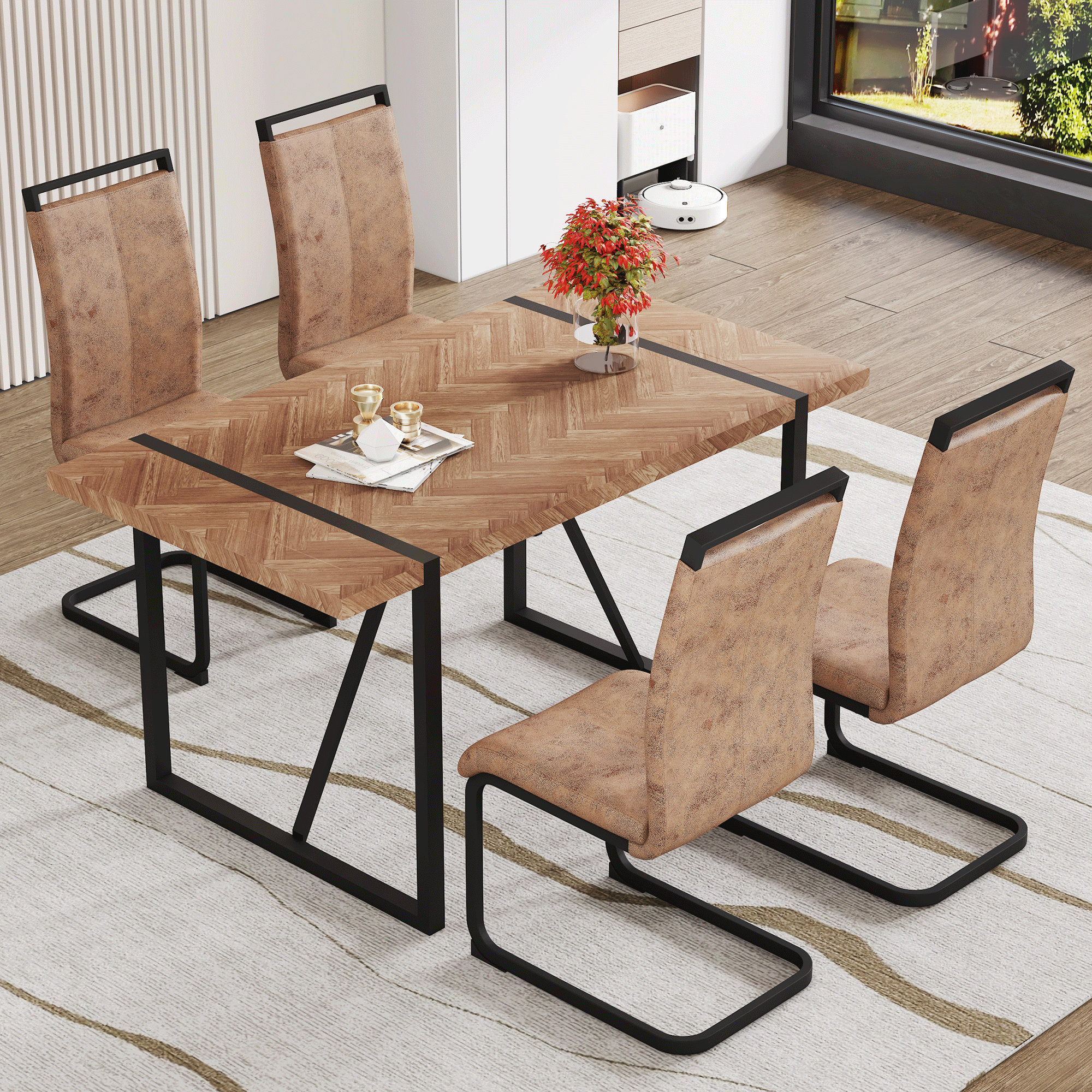 17 Stories Retro Rectangular Dining Table Set With Wood Texture Top And ...