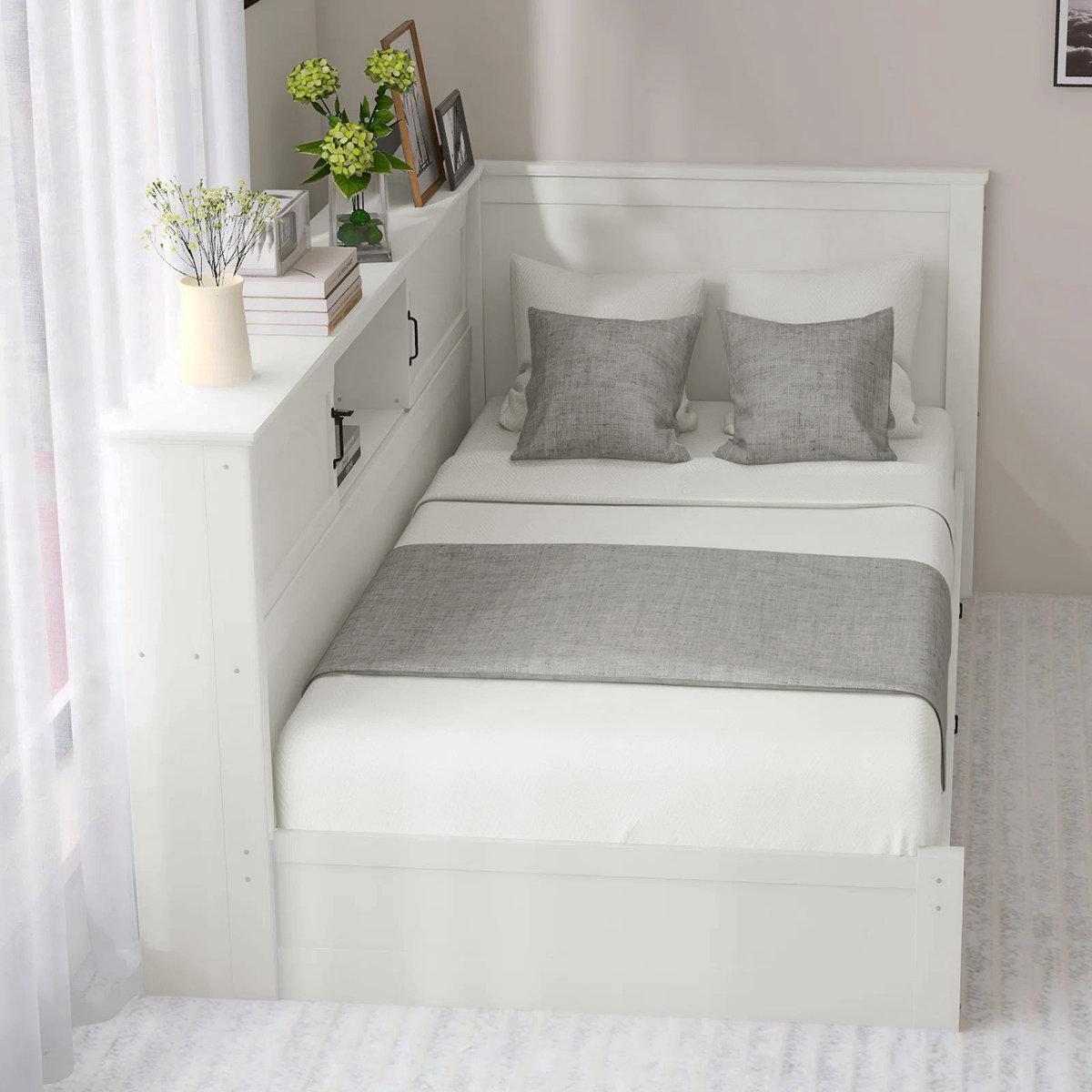 Red Barrel Studio® L-Shaped Corner Bed Frame With Drawer, Bookcase, Led ...
