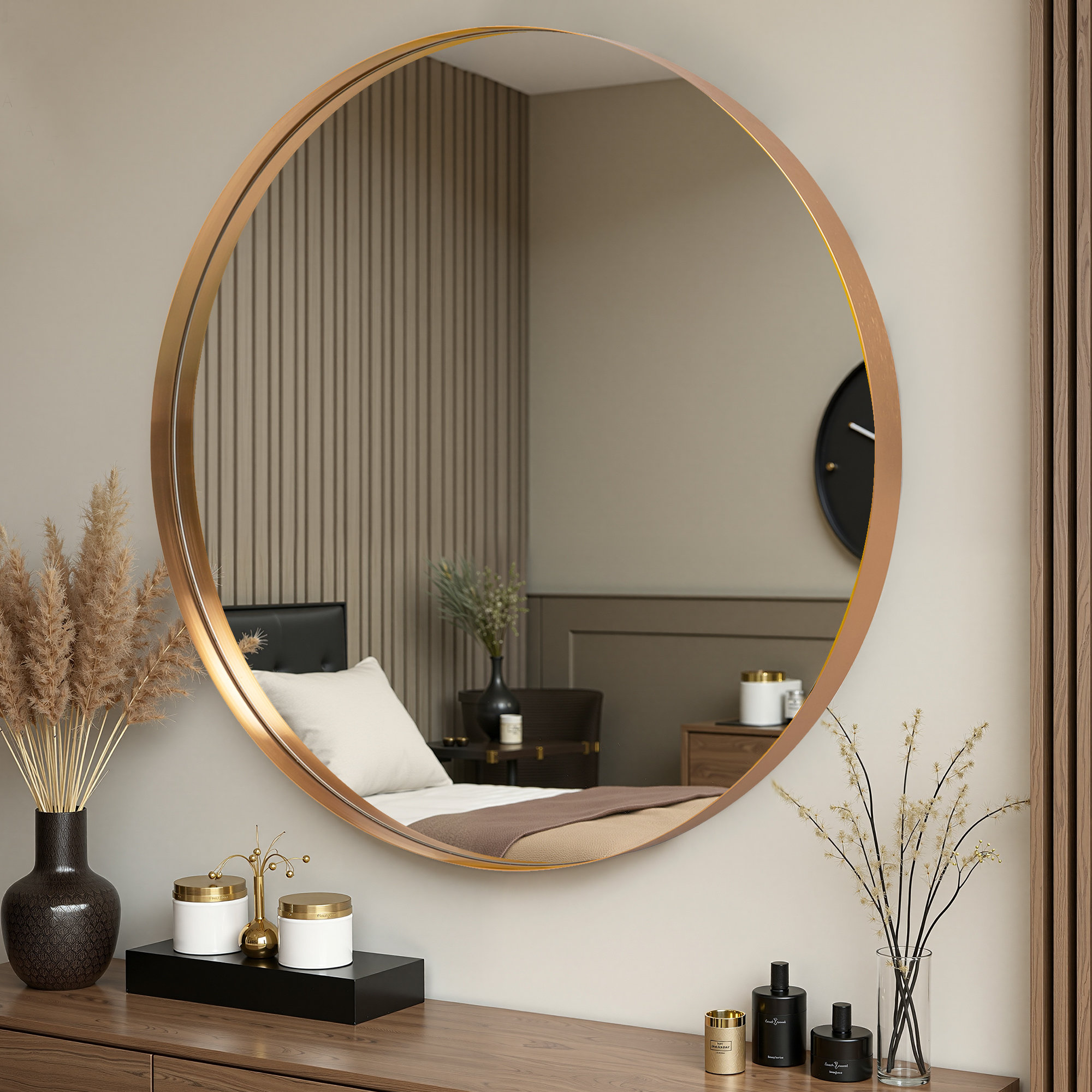 Mercer41 Modern Round Wall Mirror Aluminum Alloy Golden Framed Wall ...