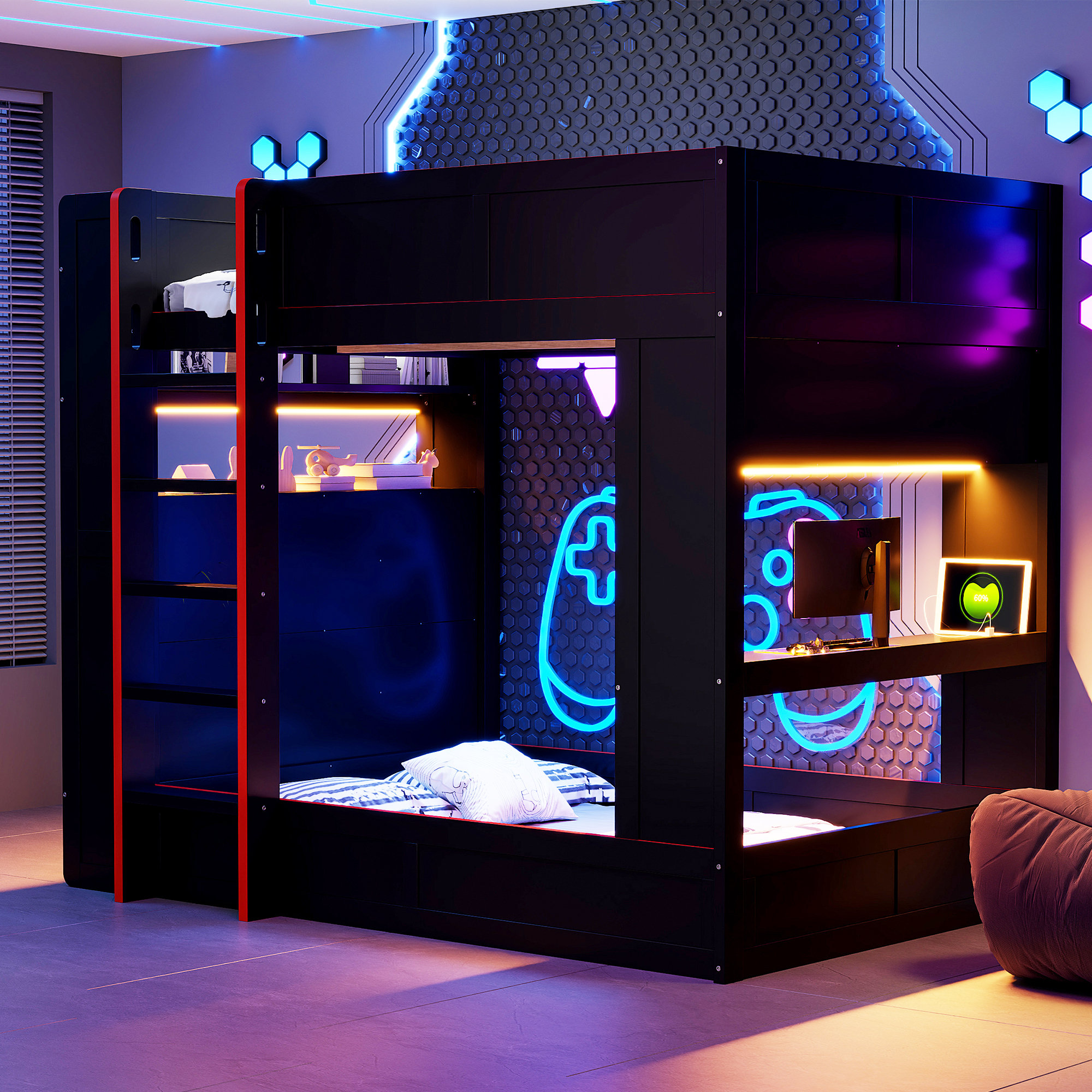 Ivy Bronx Gaming Bunk Bed With Desk, Storage Shelves, Led And Charging ...