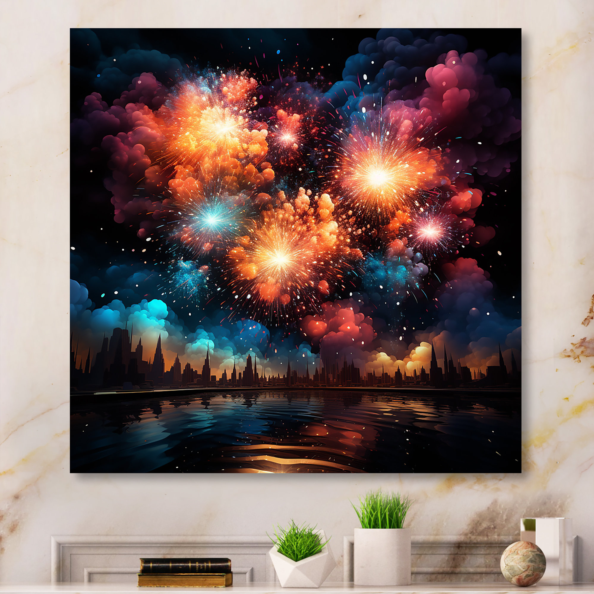 Winston Porter Colorful Fireworks Above The City At Night II ...