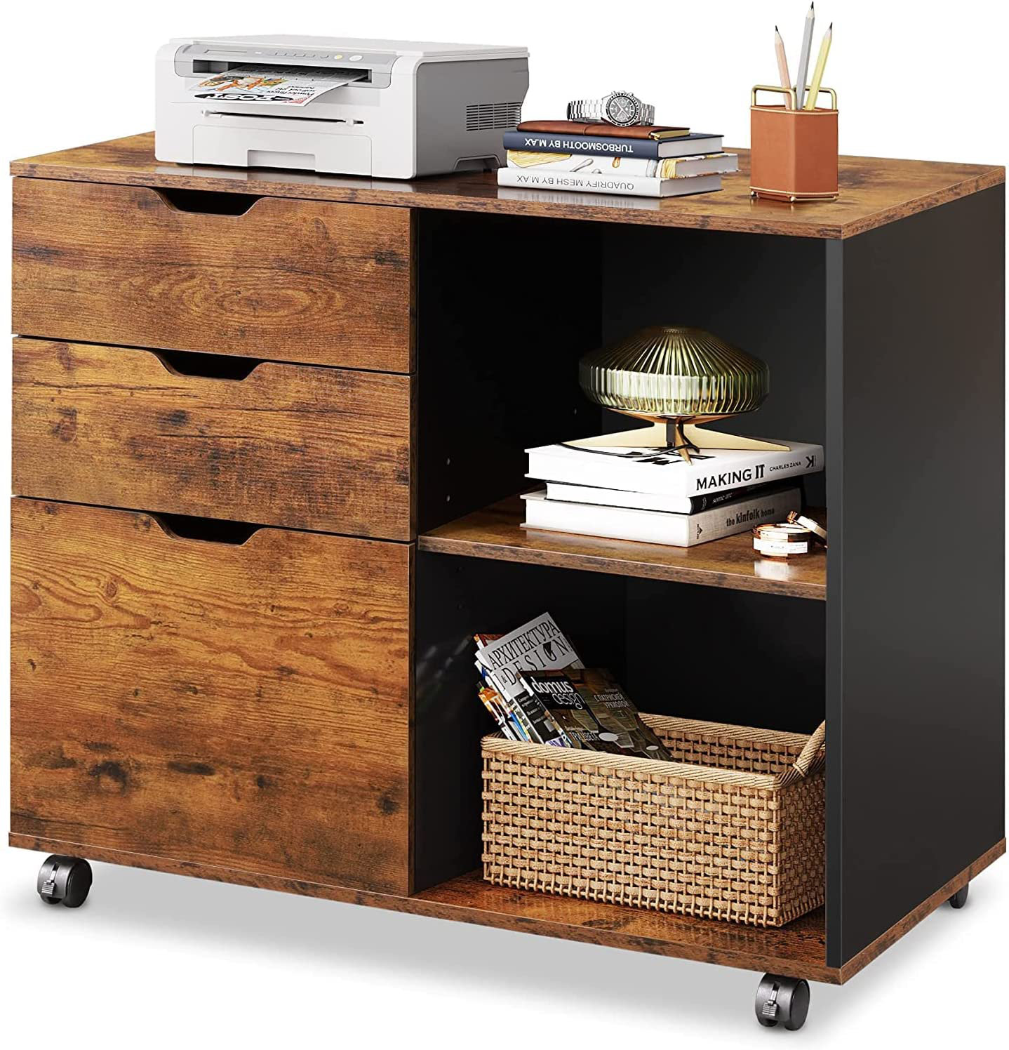 17 Stories 3 Drawer Wooden File Cabinet, Mobile Side File Cabinet ...