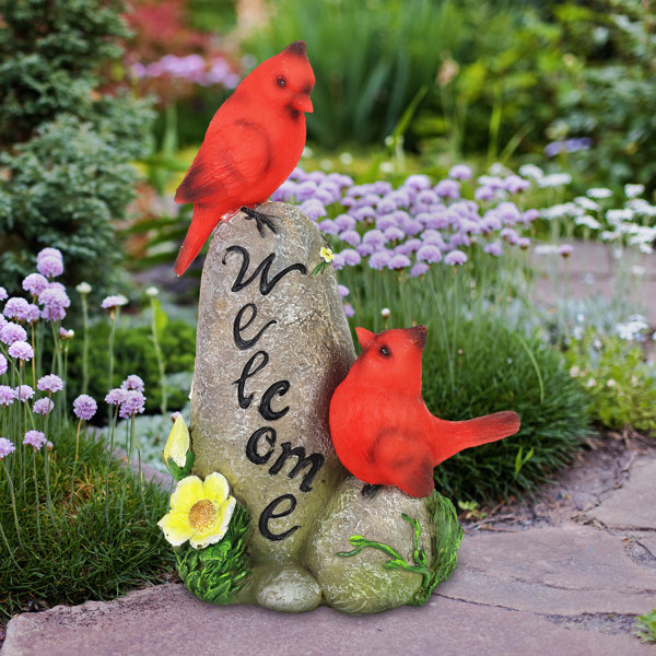 Exhart Solar Cardinals On A Hand Painted Welcome Rock Garden Statuary ...