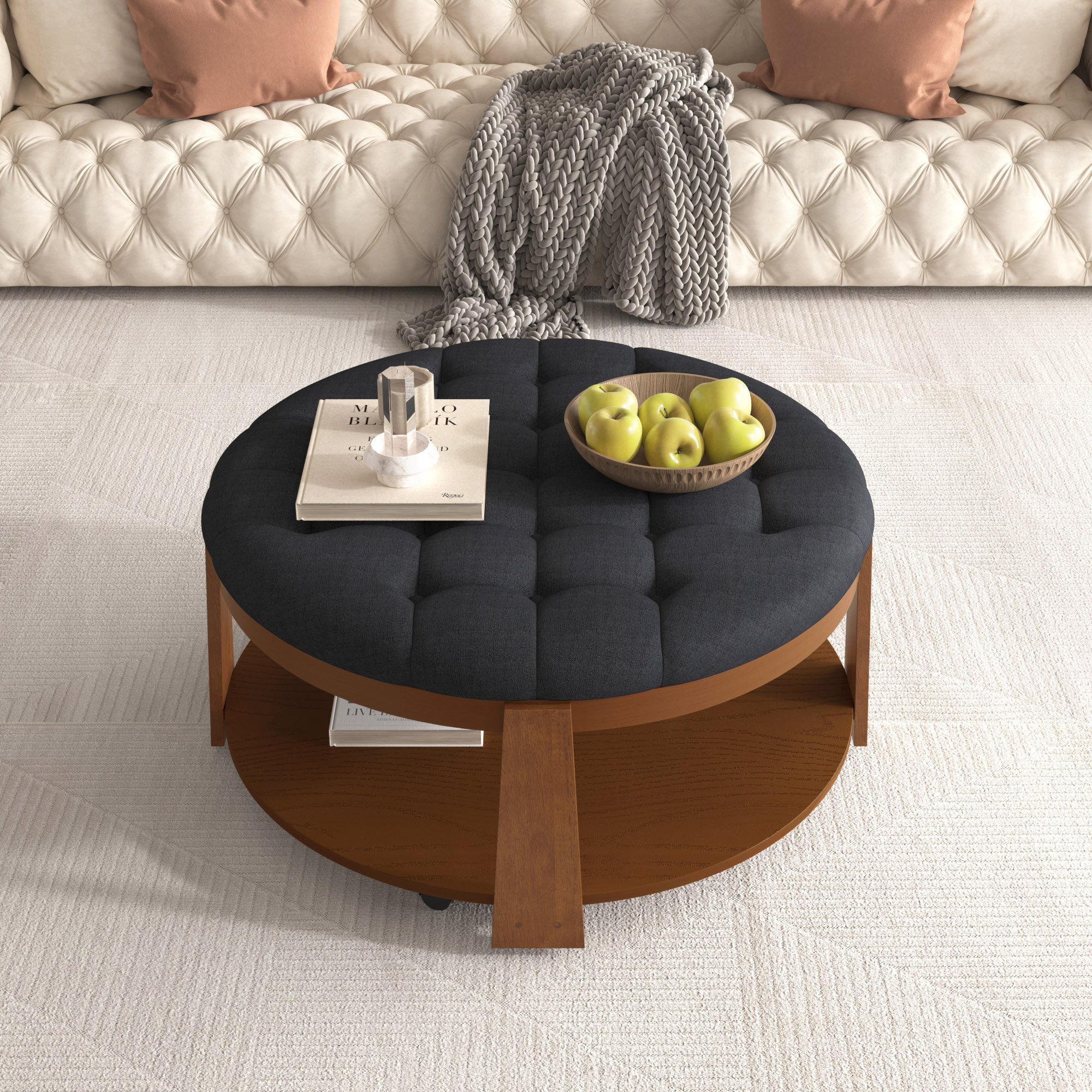 Ebern Designs Modern Large Round Ottoman Coffee Table 2-Tier Oversized ...