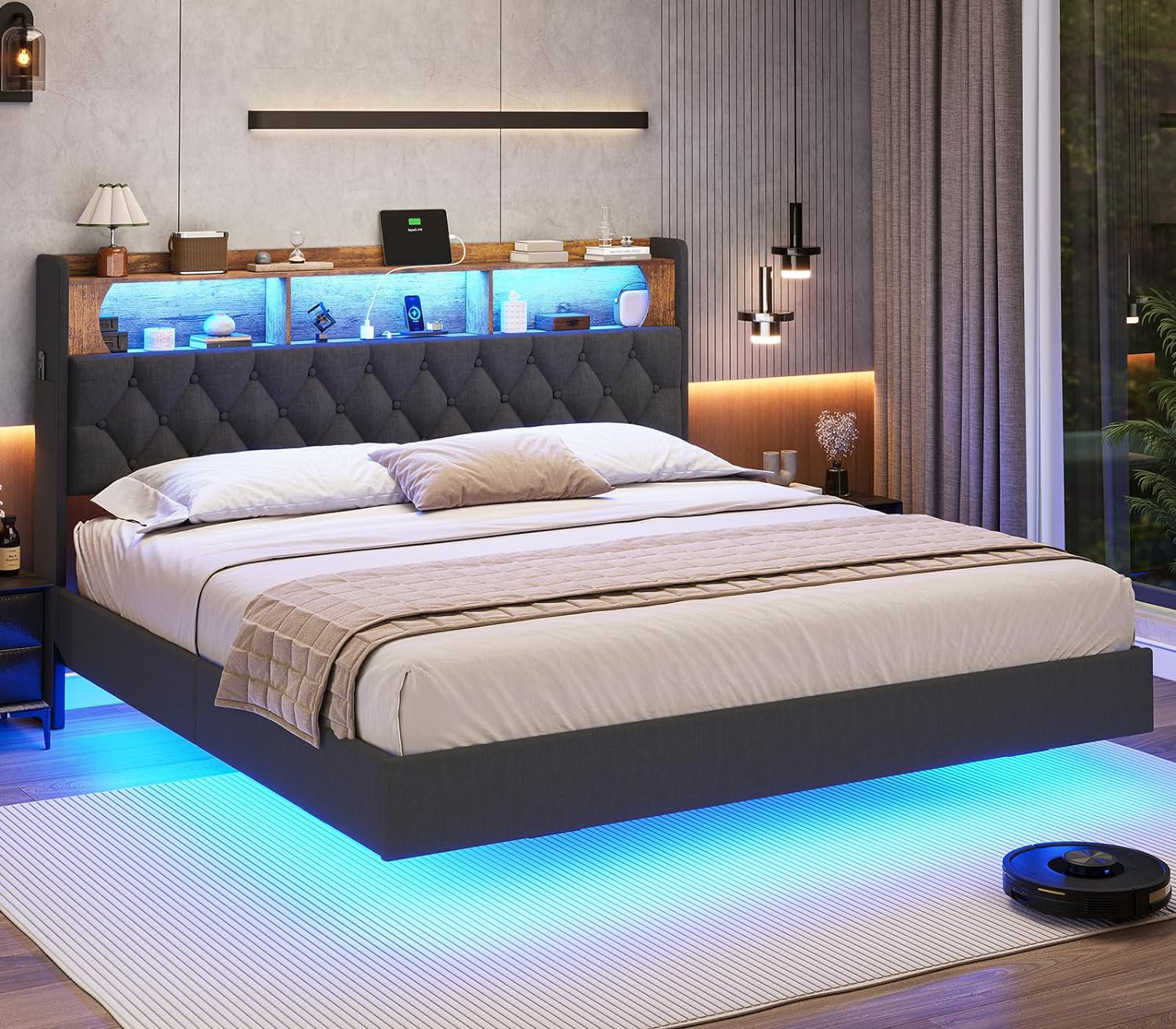 Wrought Studio Floating Bed Frame King Size With Rgb Led Lights ...