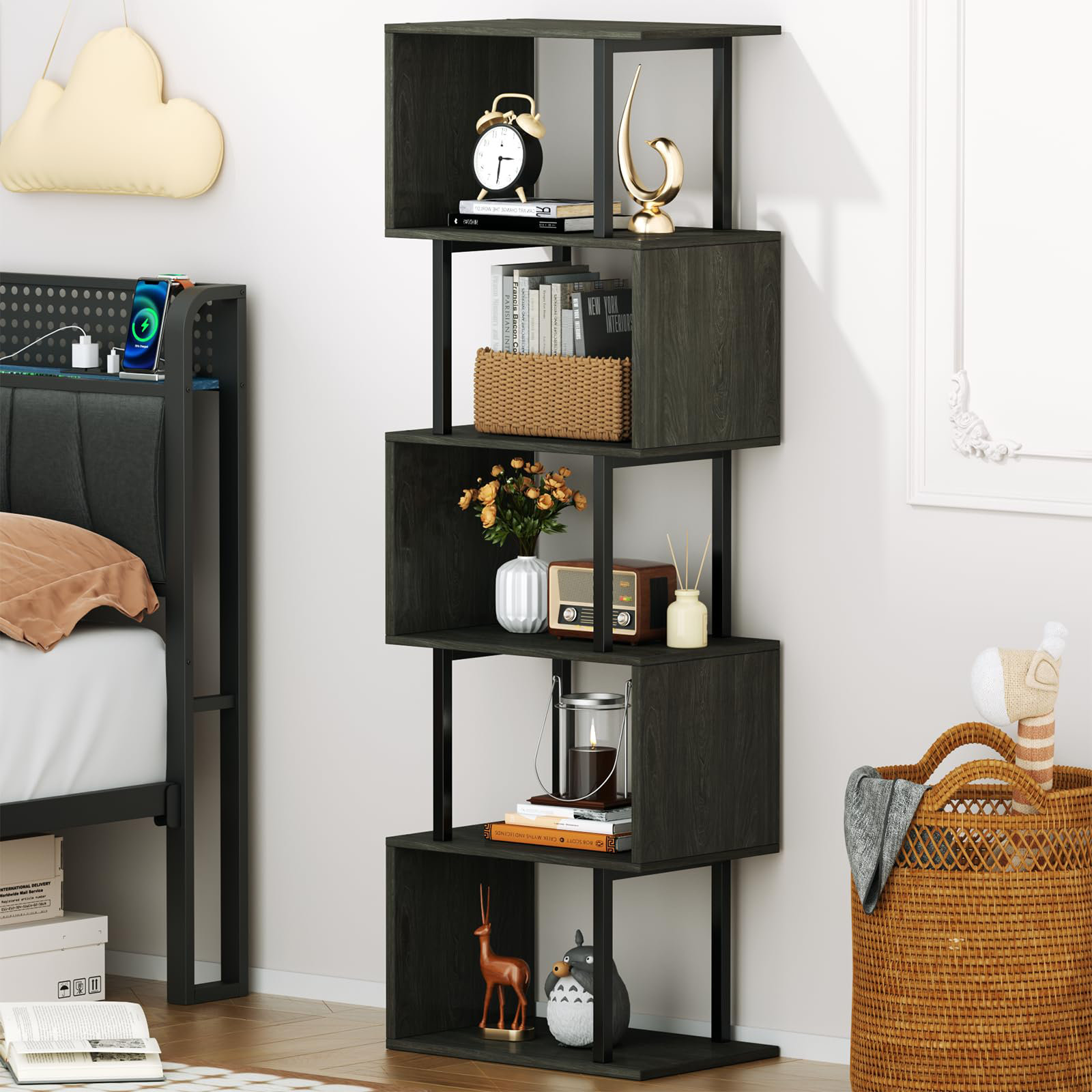 17 Stories 6 Tier Bookshelf Tall Geometric Bookcase, S-Shaped ...