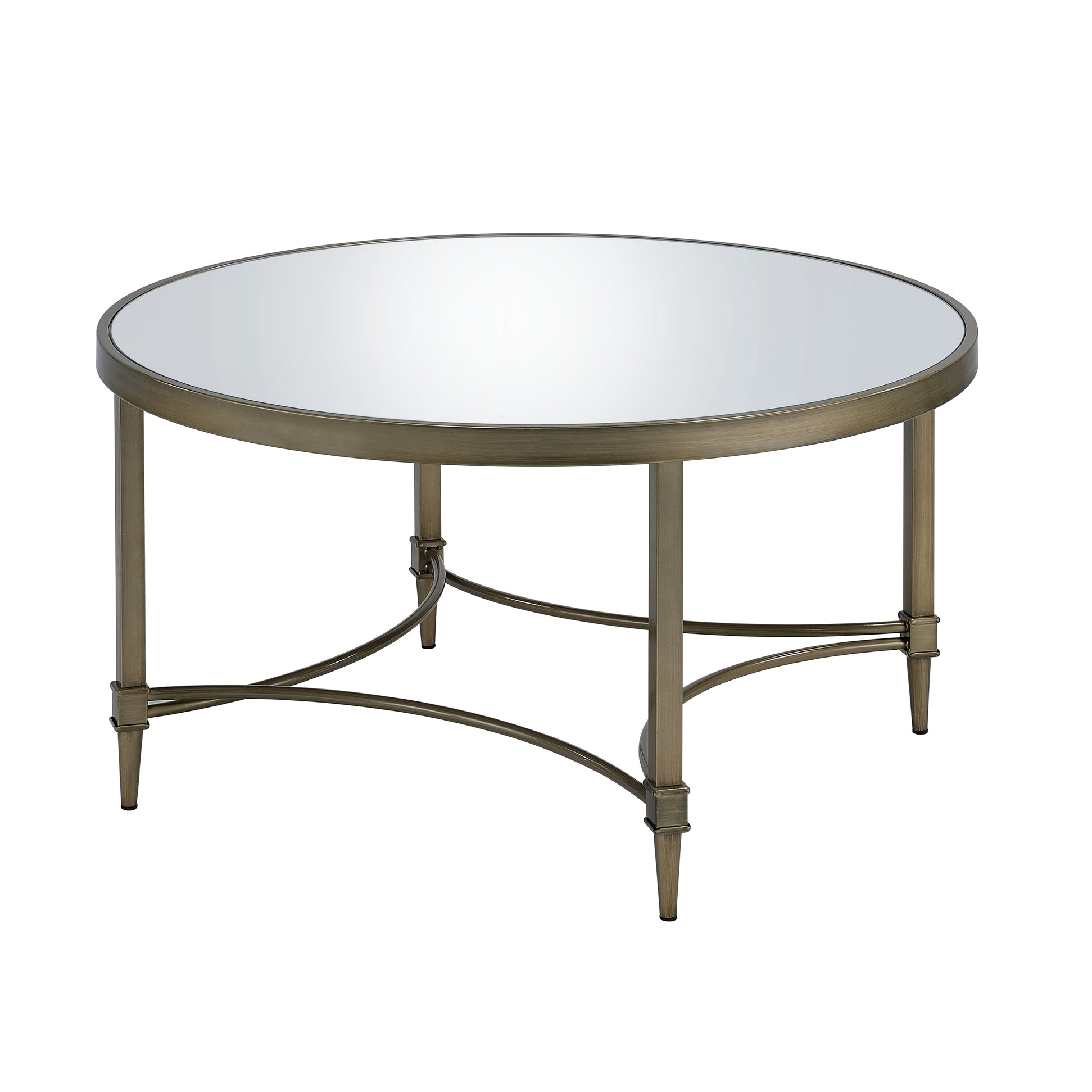 Mercer41 Elegant Mirrored Coffee Table With Antique Brass Crossbar ...