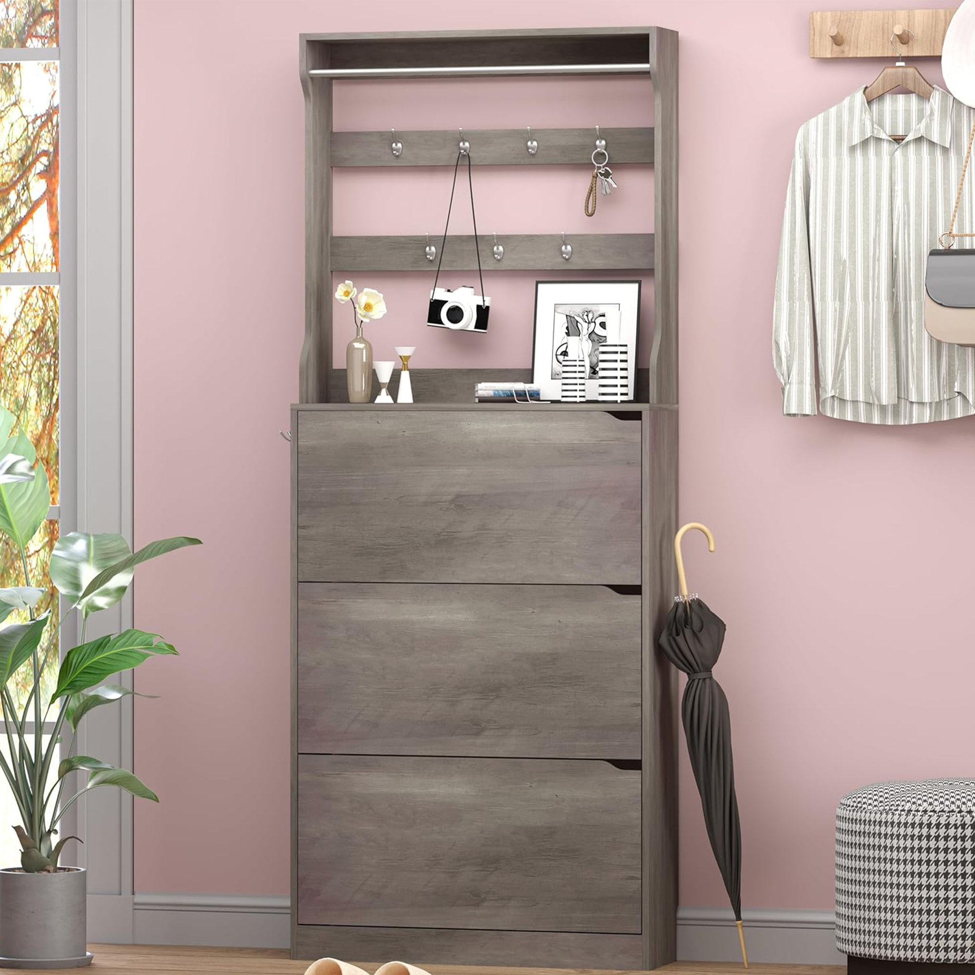 Leader Books Shoe Cabinet with 3 Flip Drawers & Coat Rack,Hall Tree ...