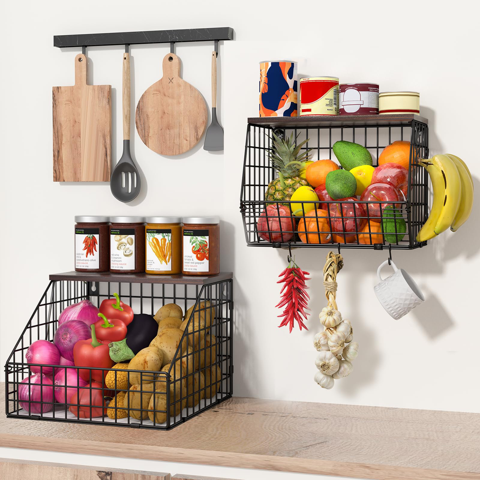 17 Stories Fruit And Vegetable Storage, 2 Set Wall Mounted Wire Baskets ...
