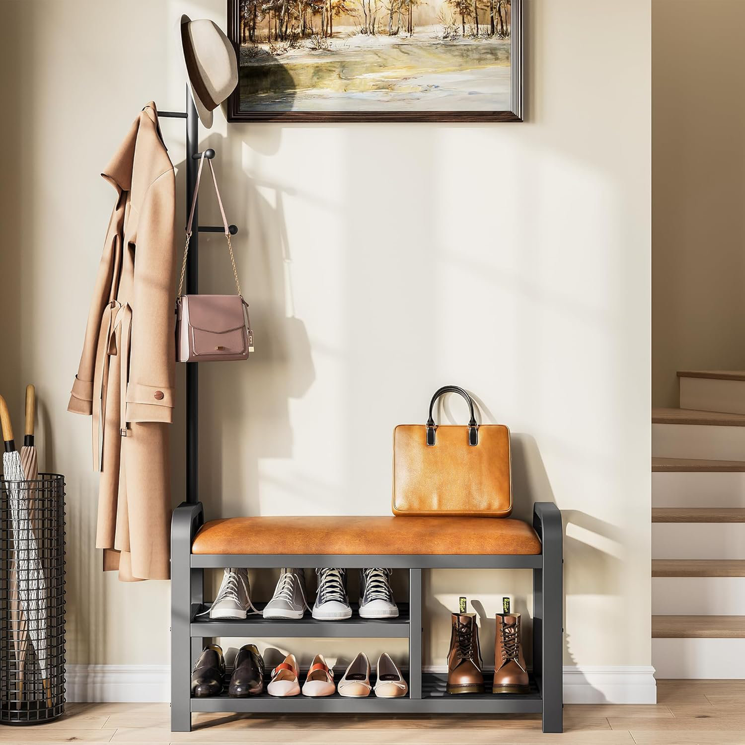 Rebrilliant 35" Hall Tree, Shoe And Coat Rack With Bench, 3-In-1, 2 ...