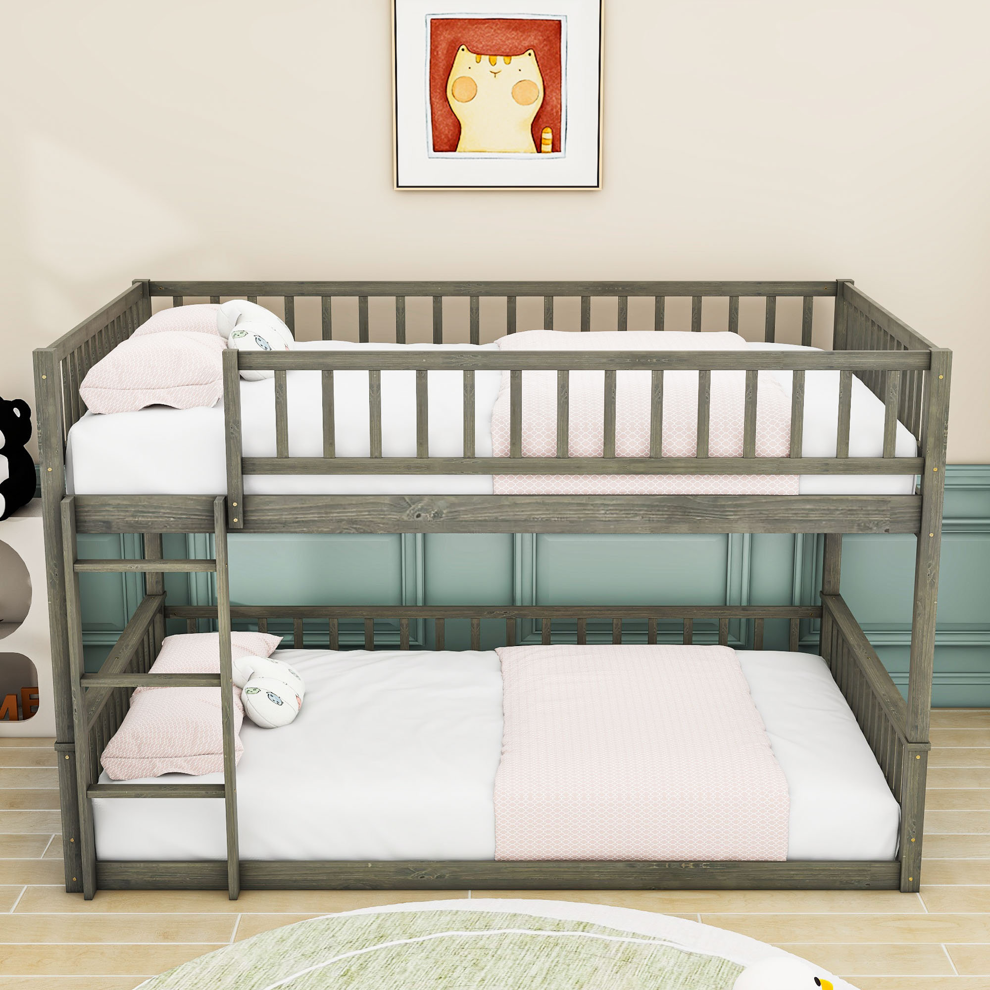 Harriet Bee Wood Queen Over Queen Bunk Bed With Ladder And Guardrails ...